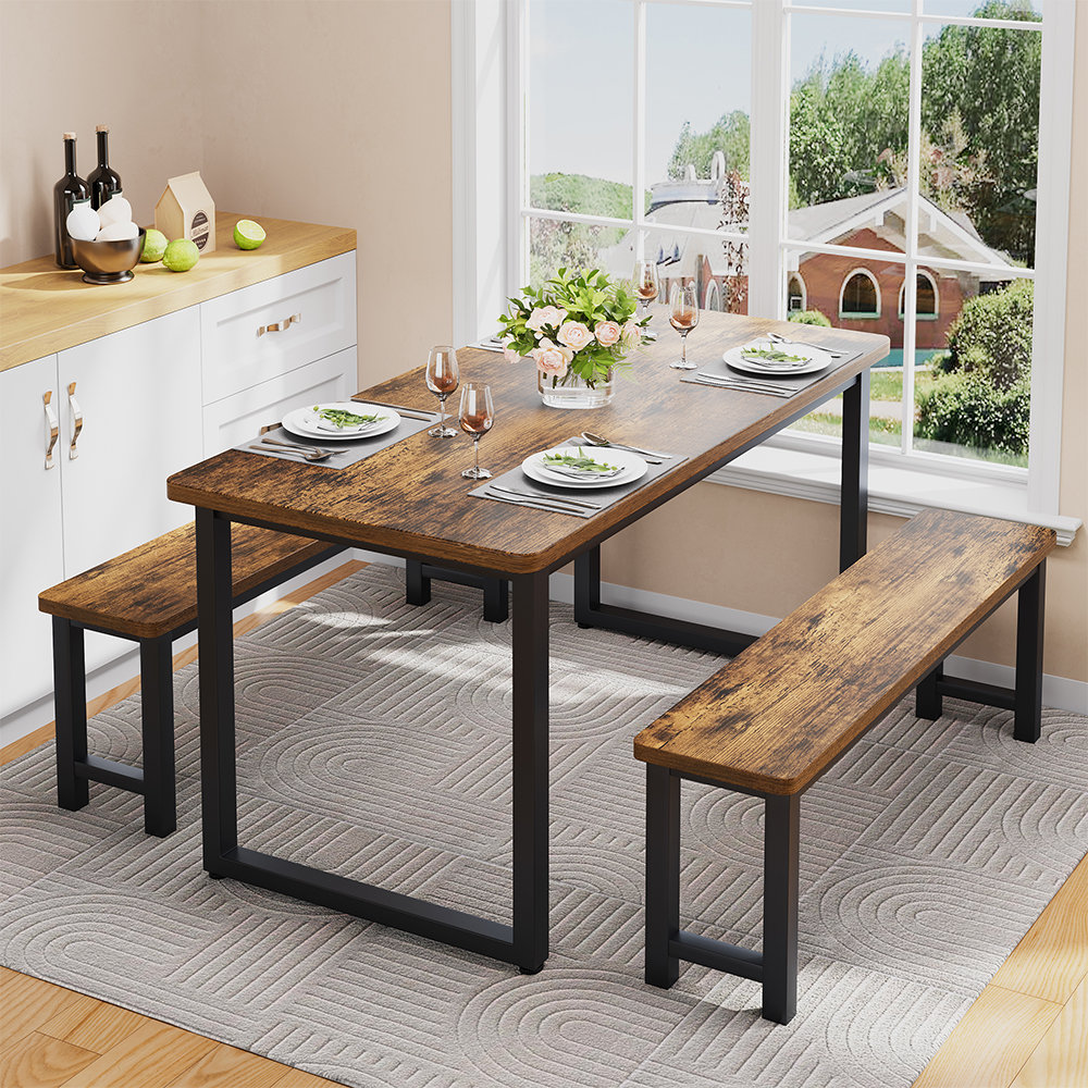 17 Stories Dining Room Table Set with 2 Benches, Farmhouse Dining Table ...