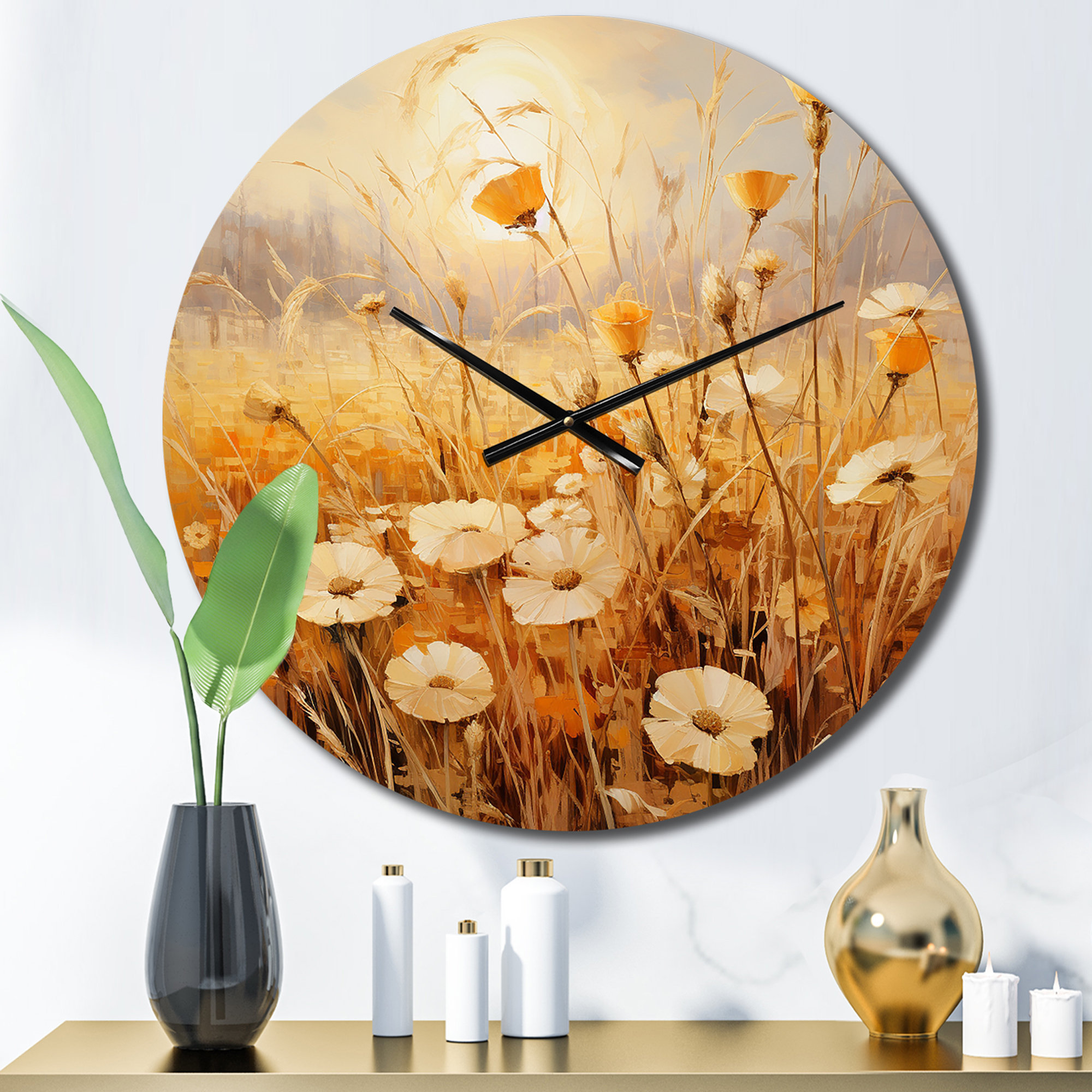 East Urban Home Golden Meadows - Abstract Landscape Wall Clock | Wayfair