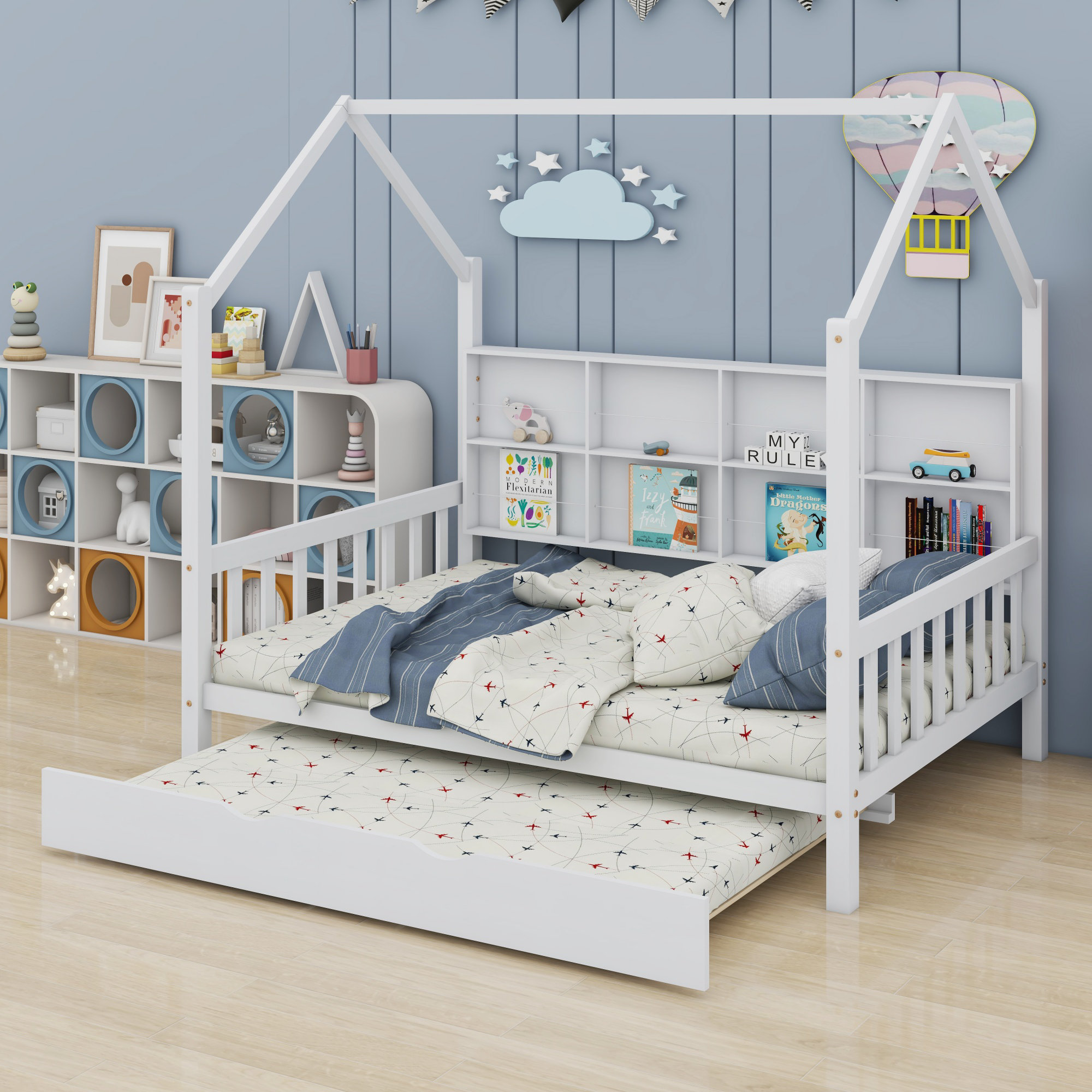 Harper Orchard Wooden House Bed With Trundle,Kids Bed With Shelf | Wayfair