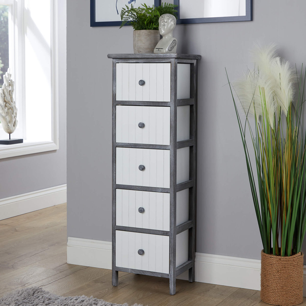 17 Stories Rilana Fully Assembled 5 Drawer Grey and White Chest Storage ...