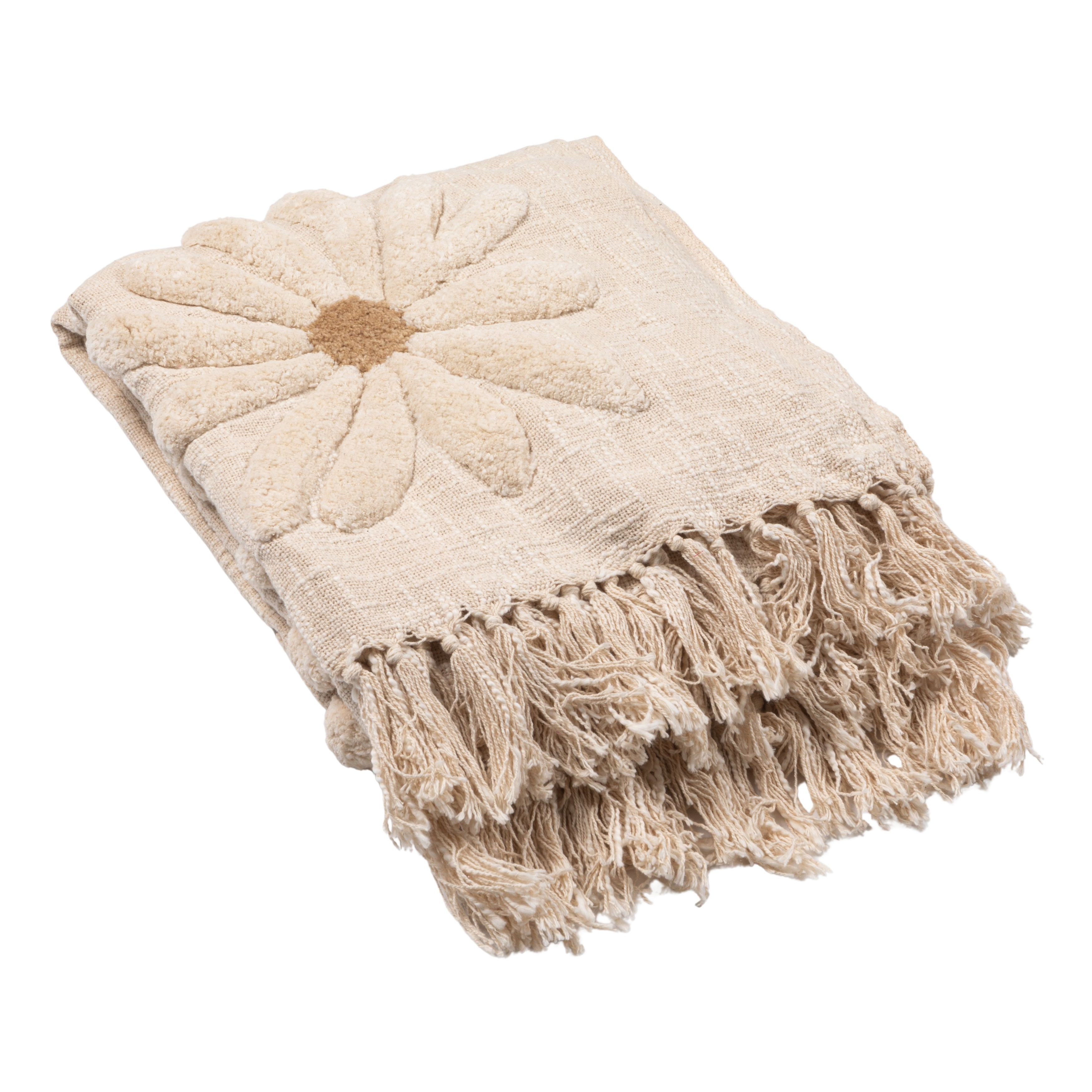 Creative Co-Op Cotton Slub Throw With Tufted Flowers And Fringe ...