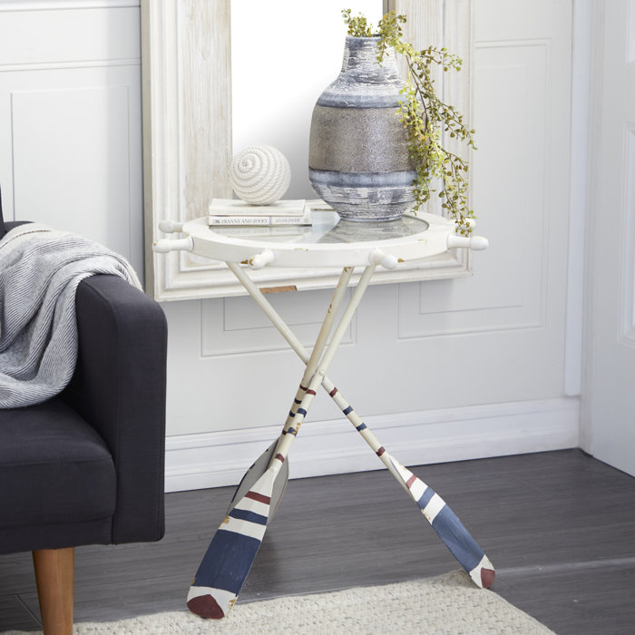 Breakwater Bay Romo White Metal Ship Wheel Top Accent Table with Oar ...