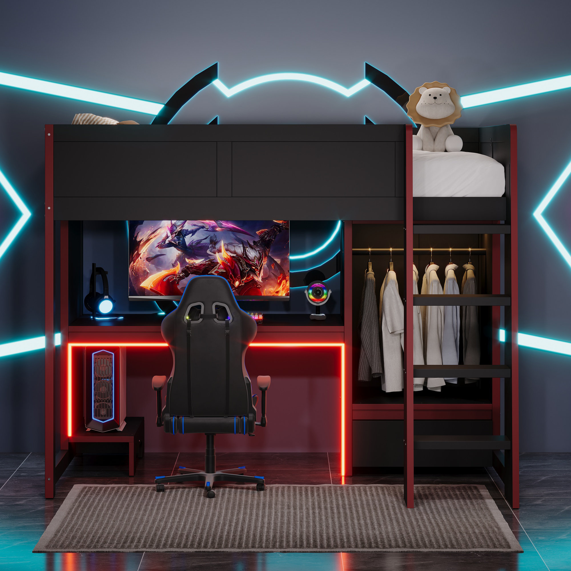 Isabelle & Max™ Wood Twin Size Gaming Loft Bed with Built-in Desk ...