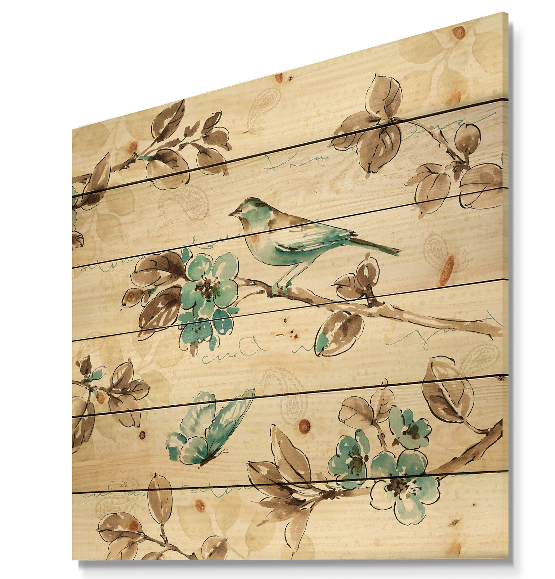 East Urban Home Beige Bird Wings - Cottage Print on Natural Pine Wood ...