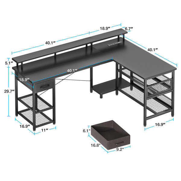 Inbox Zero Reversible Desk With Iron Shelves, Gaming Desk With Led ...