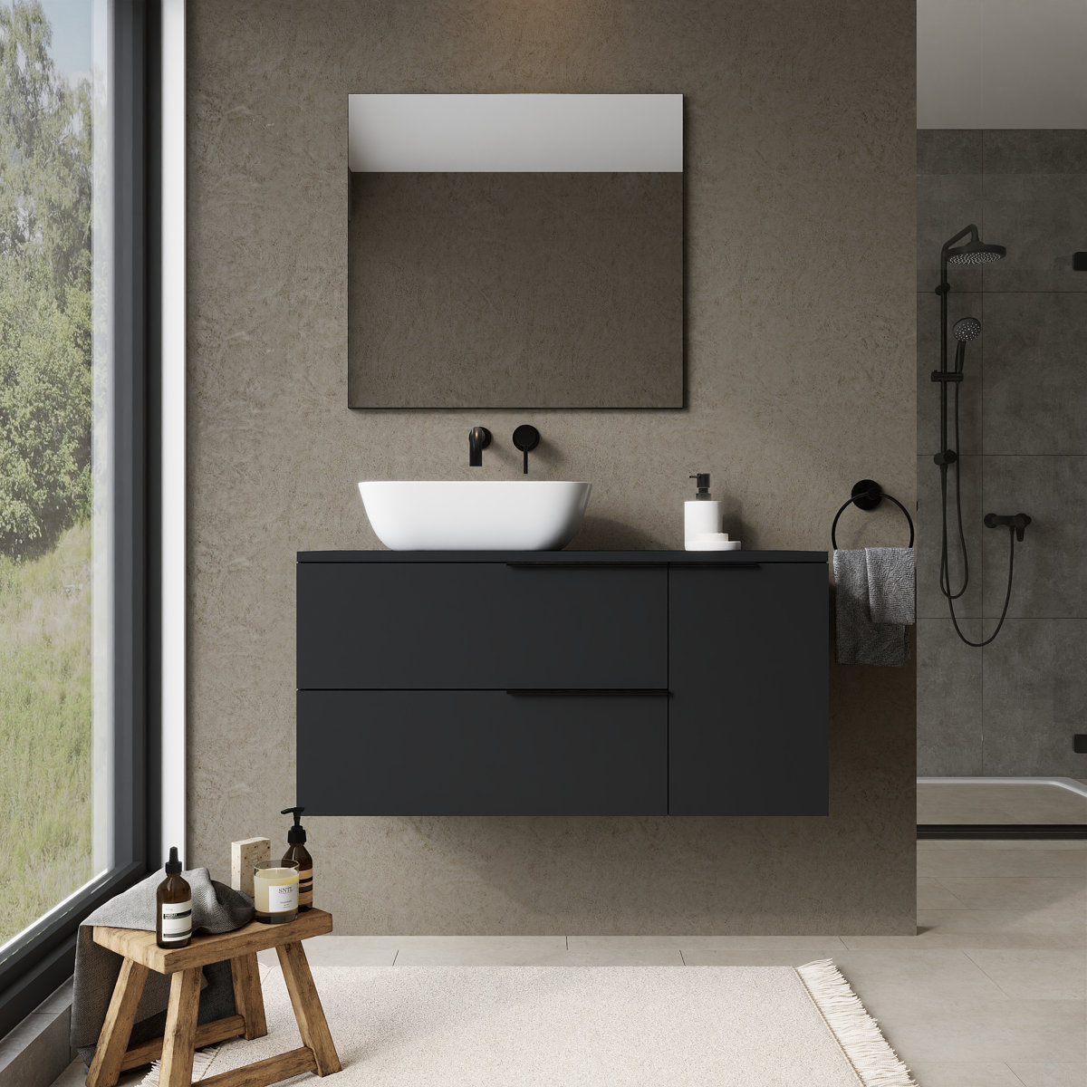 Ebern Designs Sahanna Matt Black Wall Hung Vanity Unit With Matching ...