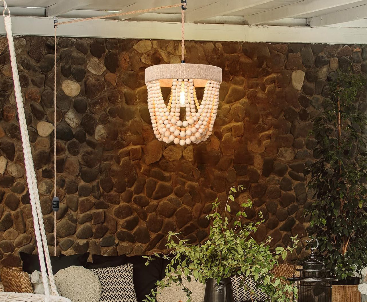 Bungalow Rose Boho Pendant Light with Plug in Cord, Wood Beaded Hanging ...