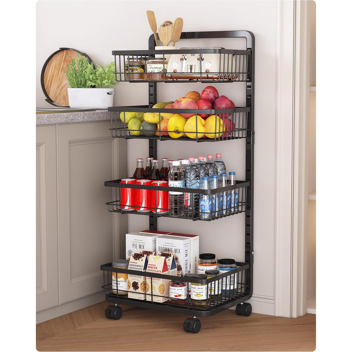 DONIVE 4-Tier Kitchen Storage Cart Metal Snack Cart Adjustable Fruit ...