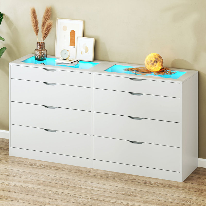 Wrought Studio™ 8-drawer White Dresser With Led Display Glass Top ...