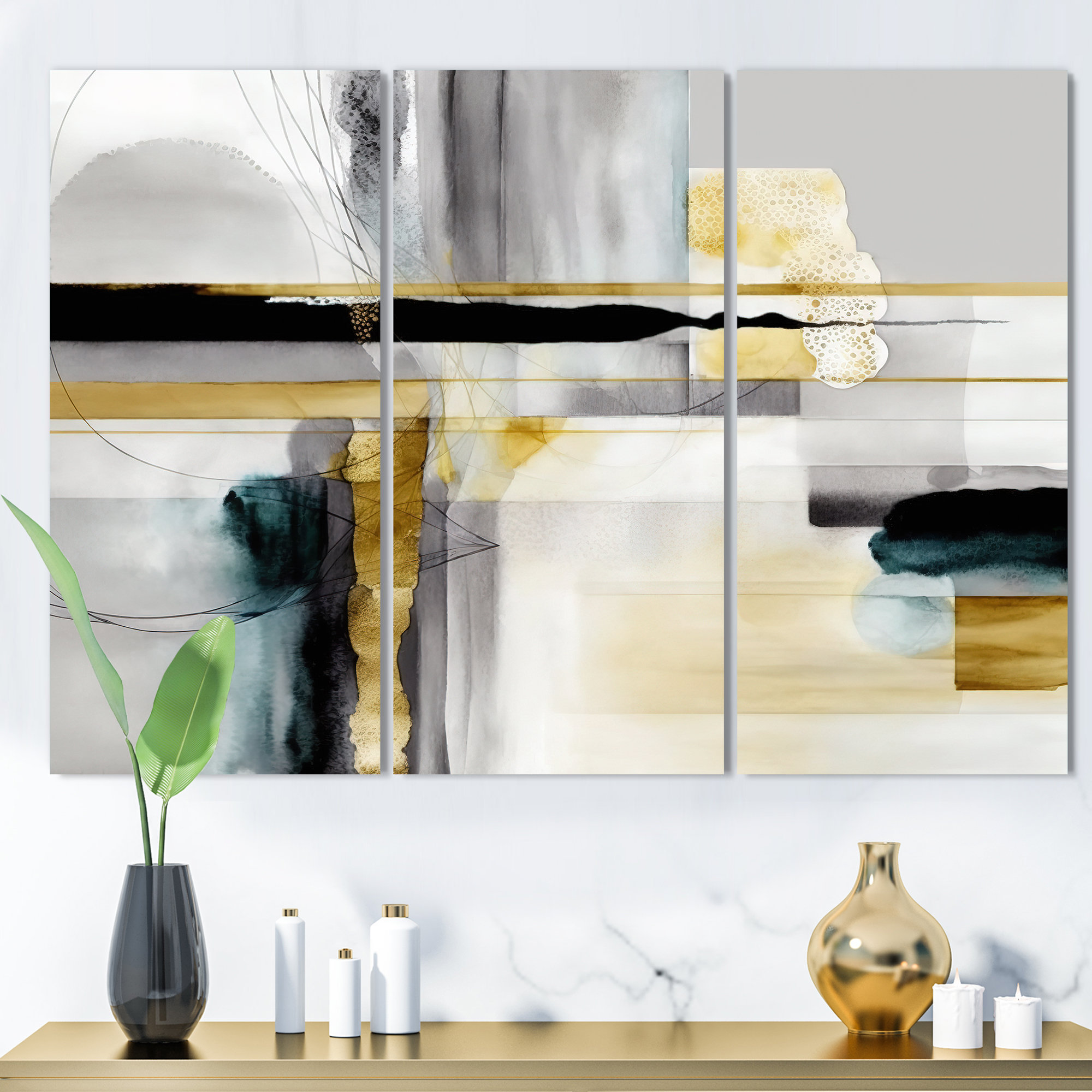 Design Art Abstract Transitional Shapes Black IV - 3 Piece Print on ...