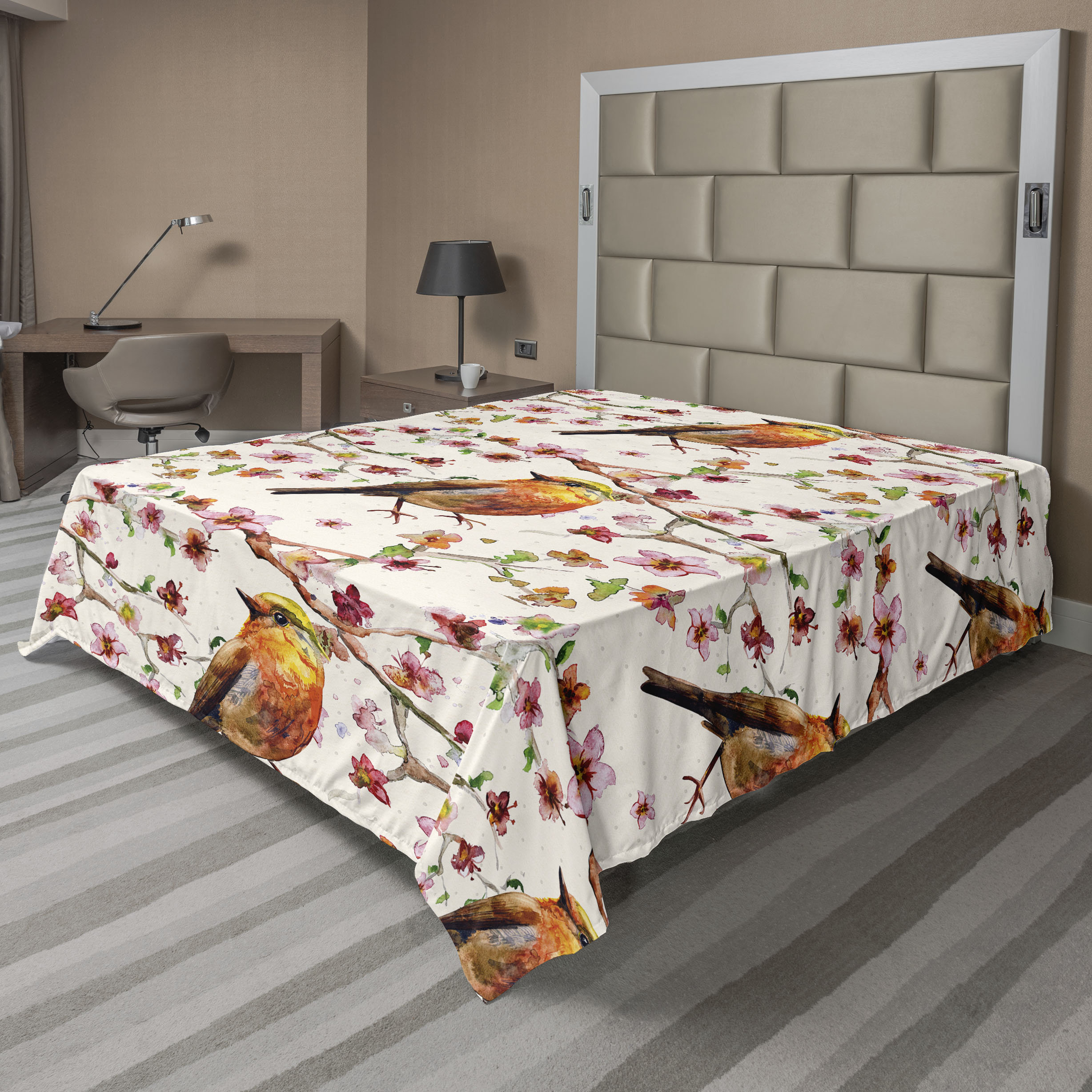 Ambesonne Birds and Nature Flat Sheet Japanese Sparrow Vermilion Pale ...