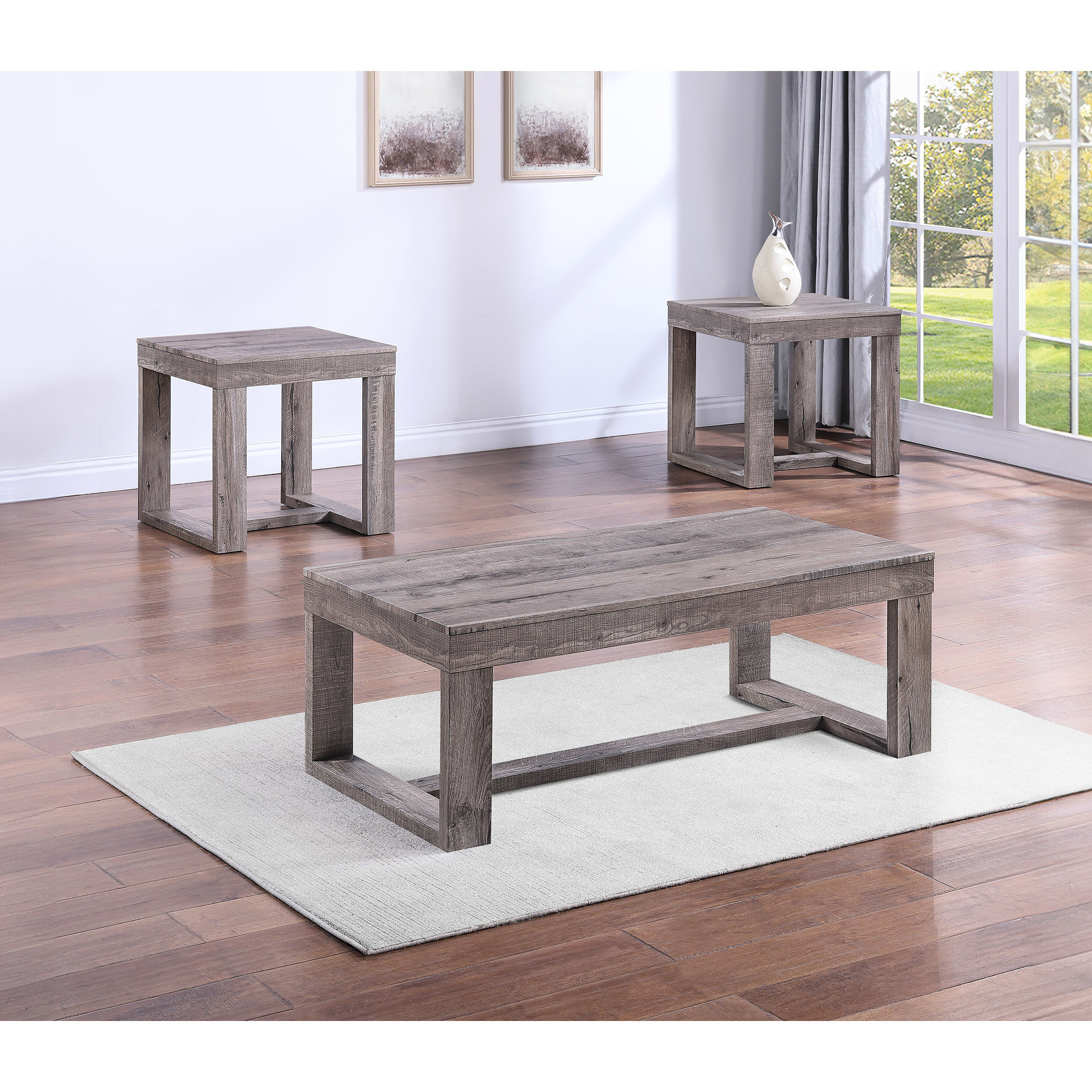 Gracie Oaks Rustic Brown Coffee Table With Double Pedestal, Strong ...