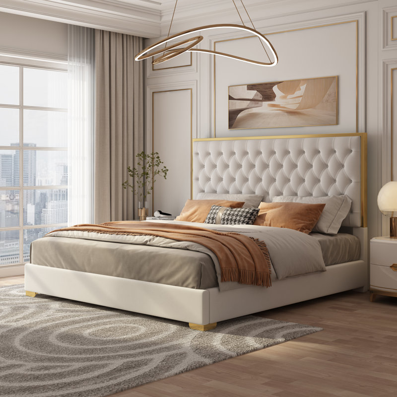 Everly Quinn Valmar Morden Tufted Upholstered Golden Platform Bed ...