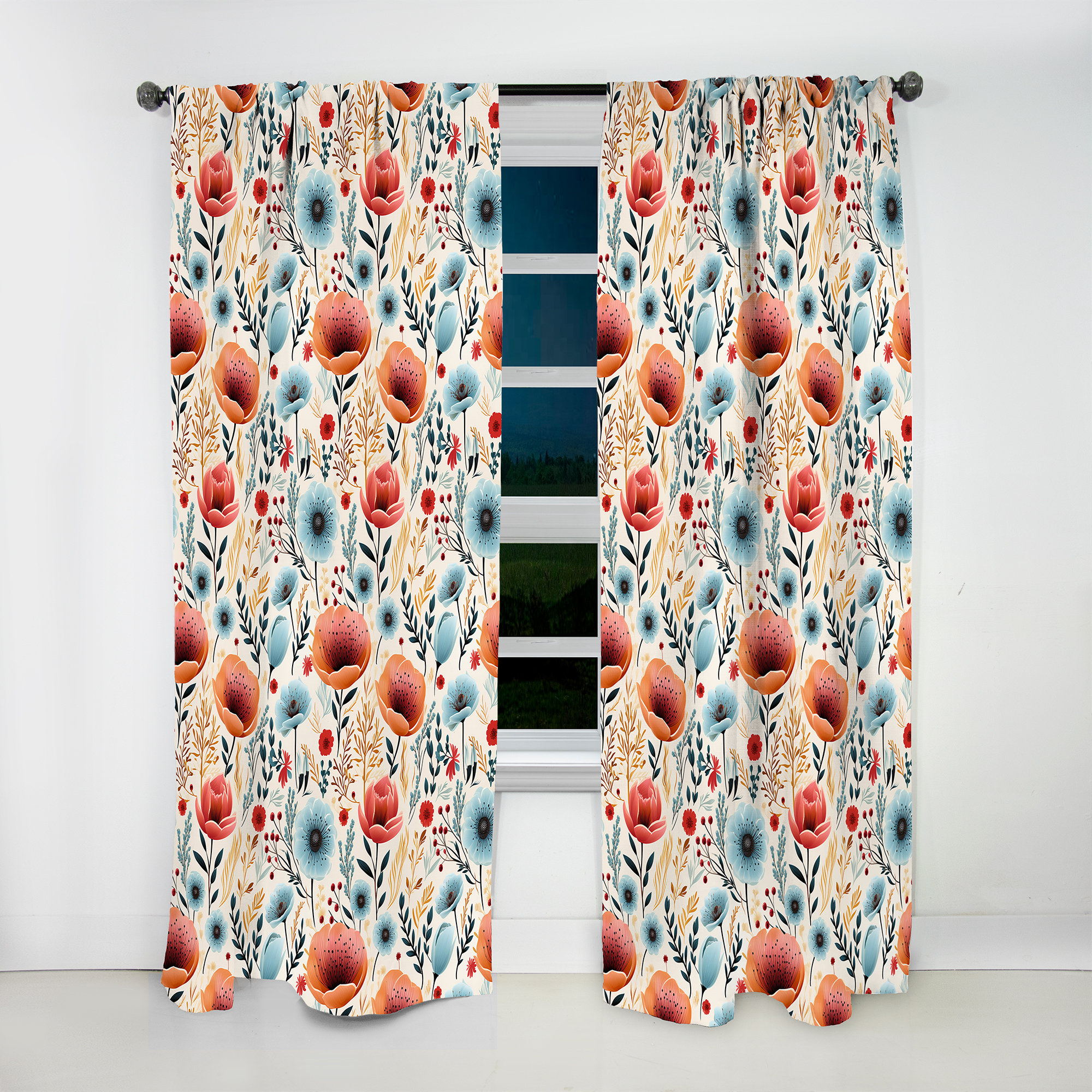 Design Art Blue And Coral Vintage Poppy Dreams - Bohemian Curtain ...