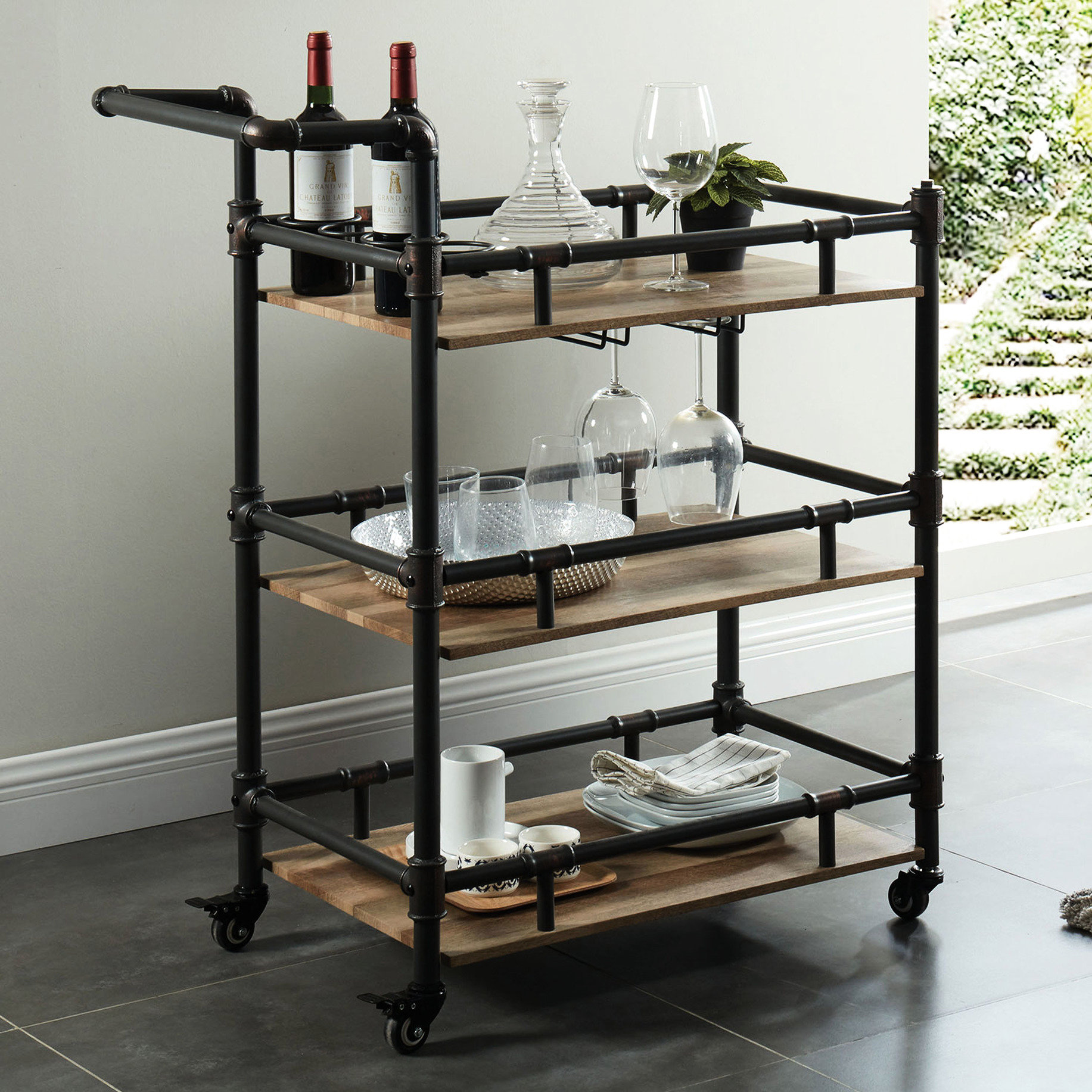 Trent Austin Design® Industrial Metal 3 Server Cart, With Natural Oak ...