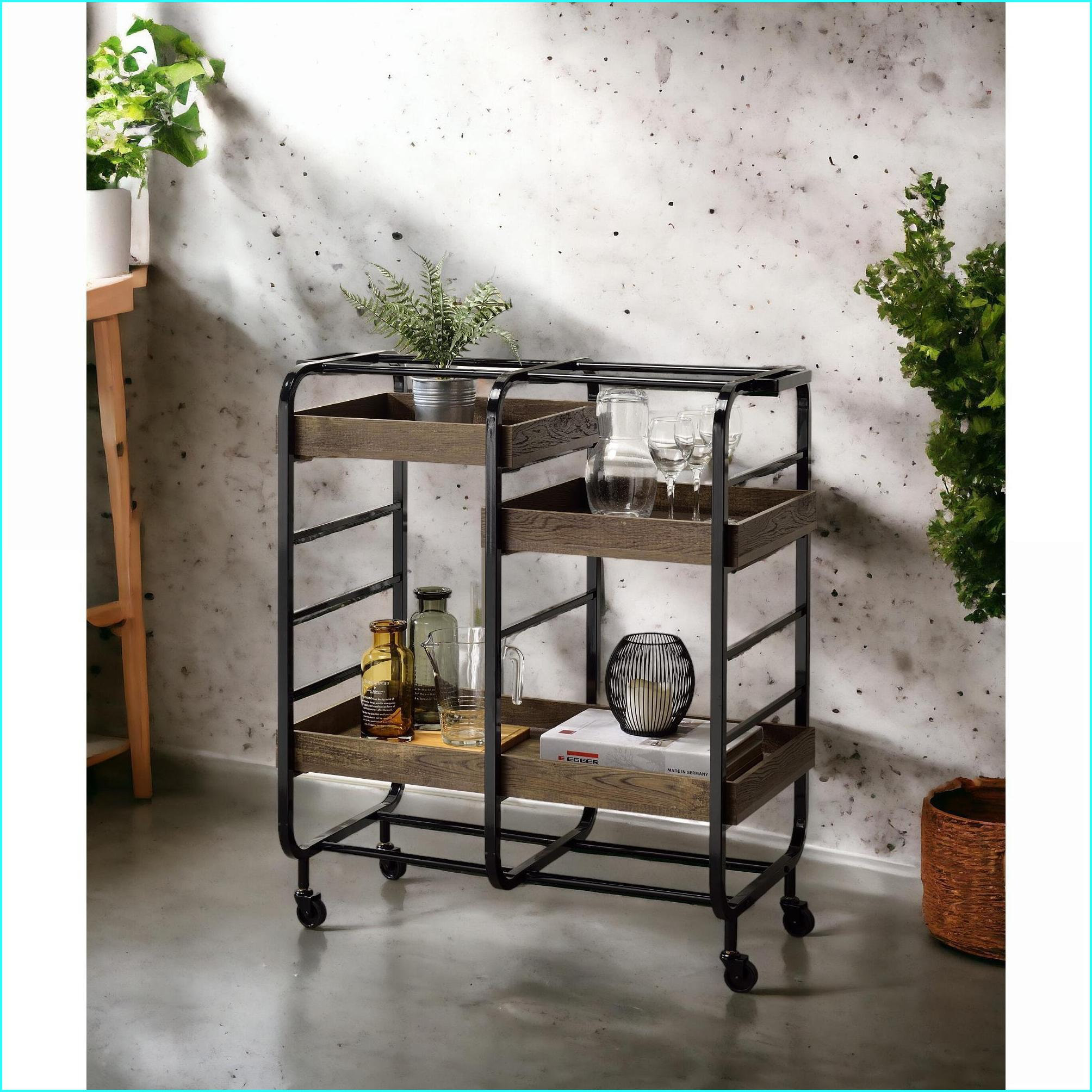 Latitude Run® Modern Black & Walnut Serving Cart with 3 Adjustable ...