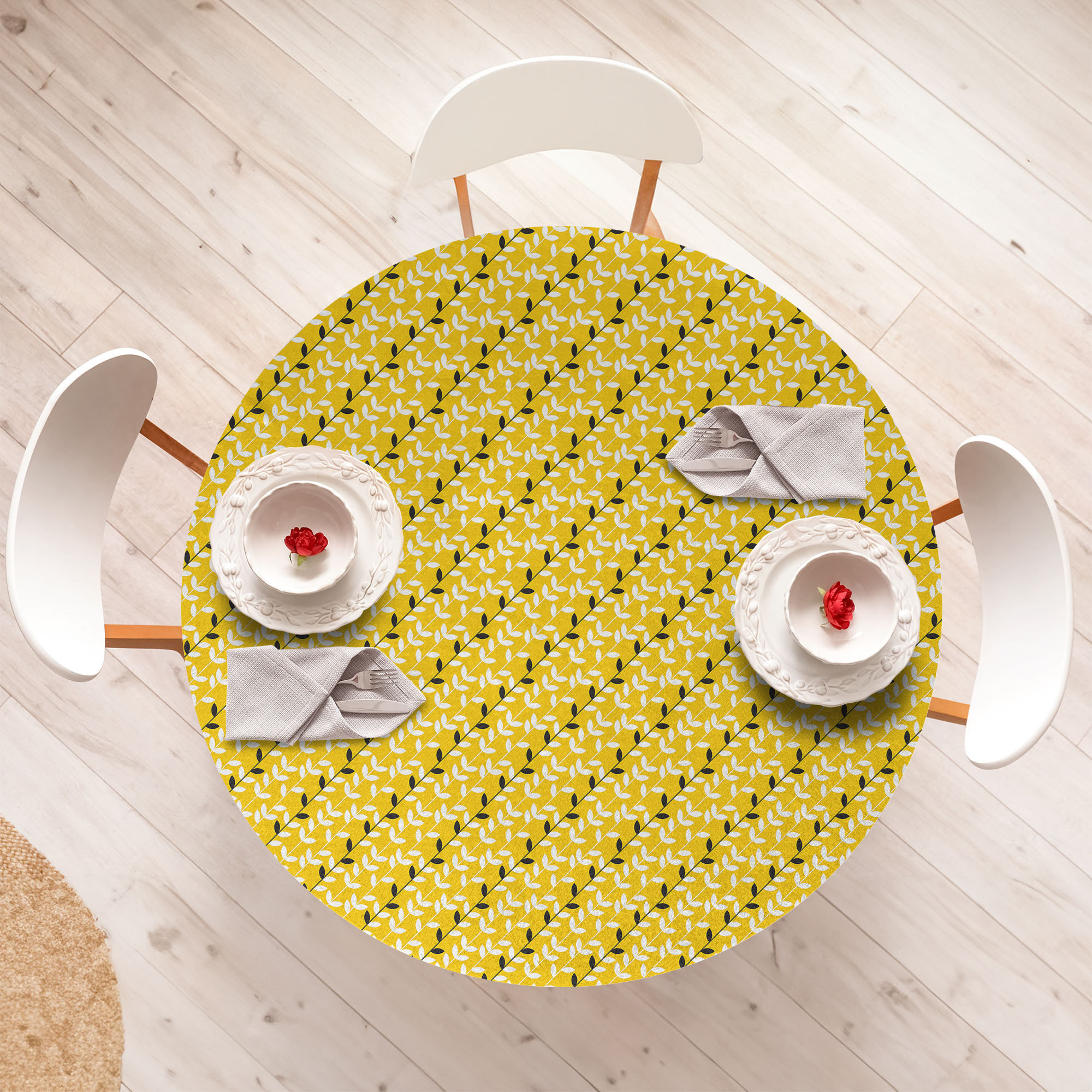 East Urban Home Leaves Fitted Round Tablecloth Yellow Grey 92888 | Wayfair