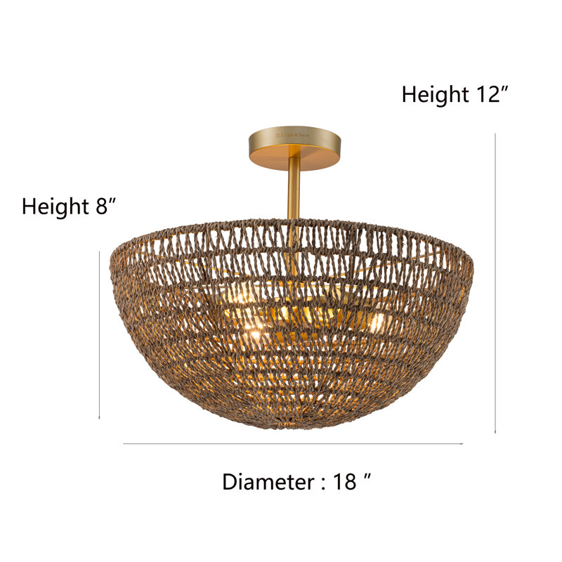 Mercer41 Luna 3-Light Large Dome Shade Seagrass Semi Flush Mount ...