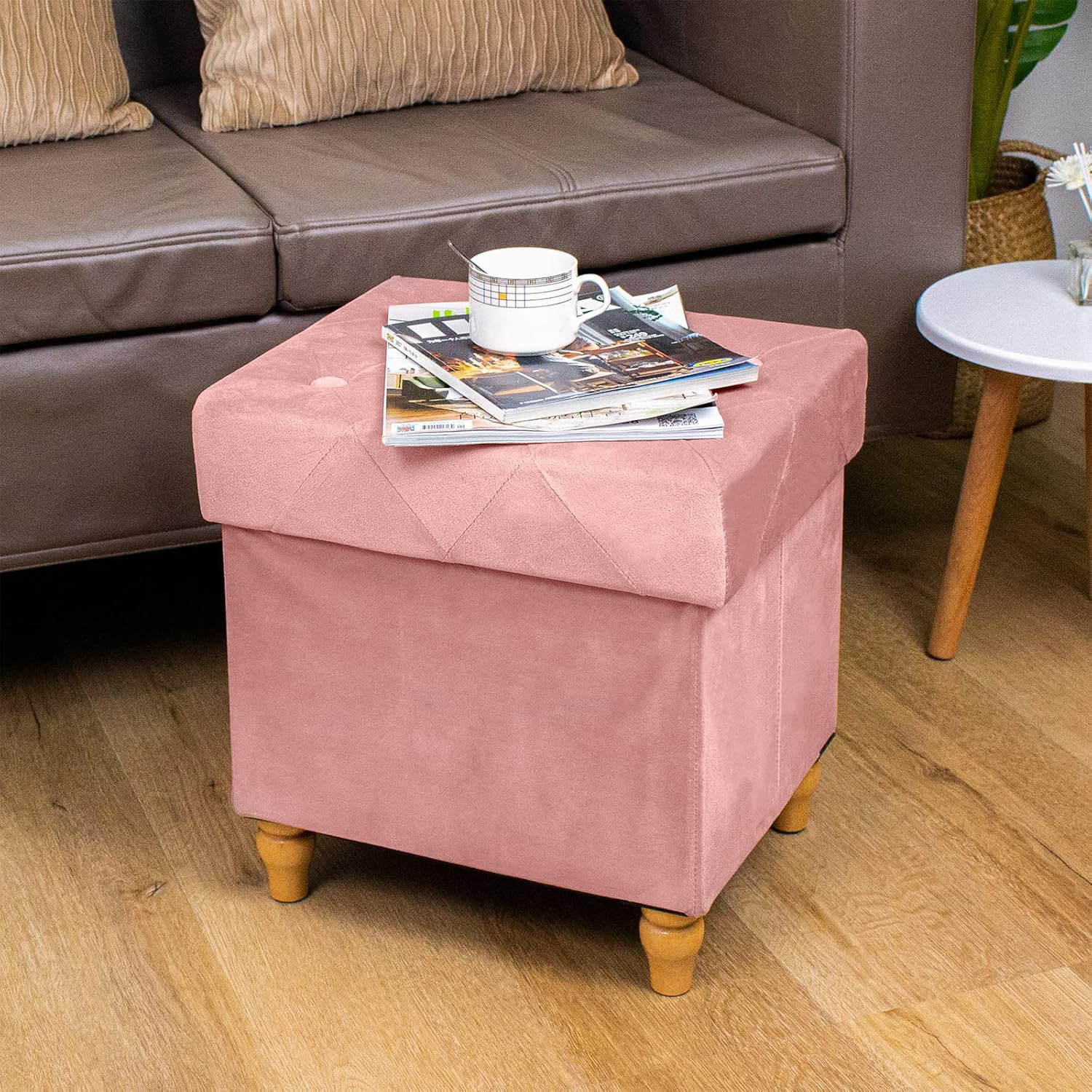 Ebern Designs Storage Ottoman Cube Linen Footstool With Wood Legs ...