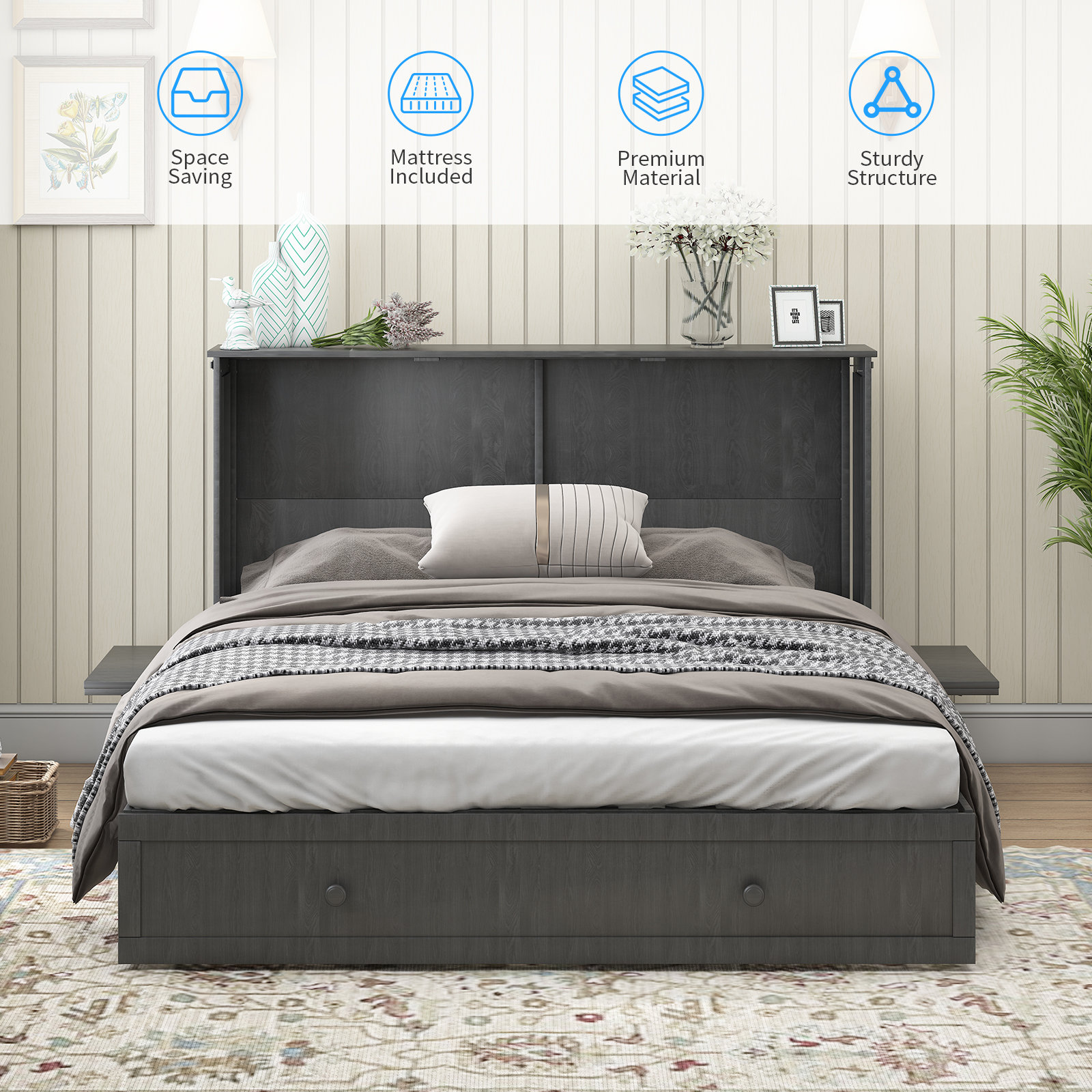 Latitude Run® Murphy Bed Queen Cabinet Convertible Bed With Memory Foam ...