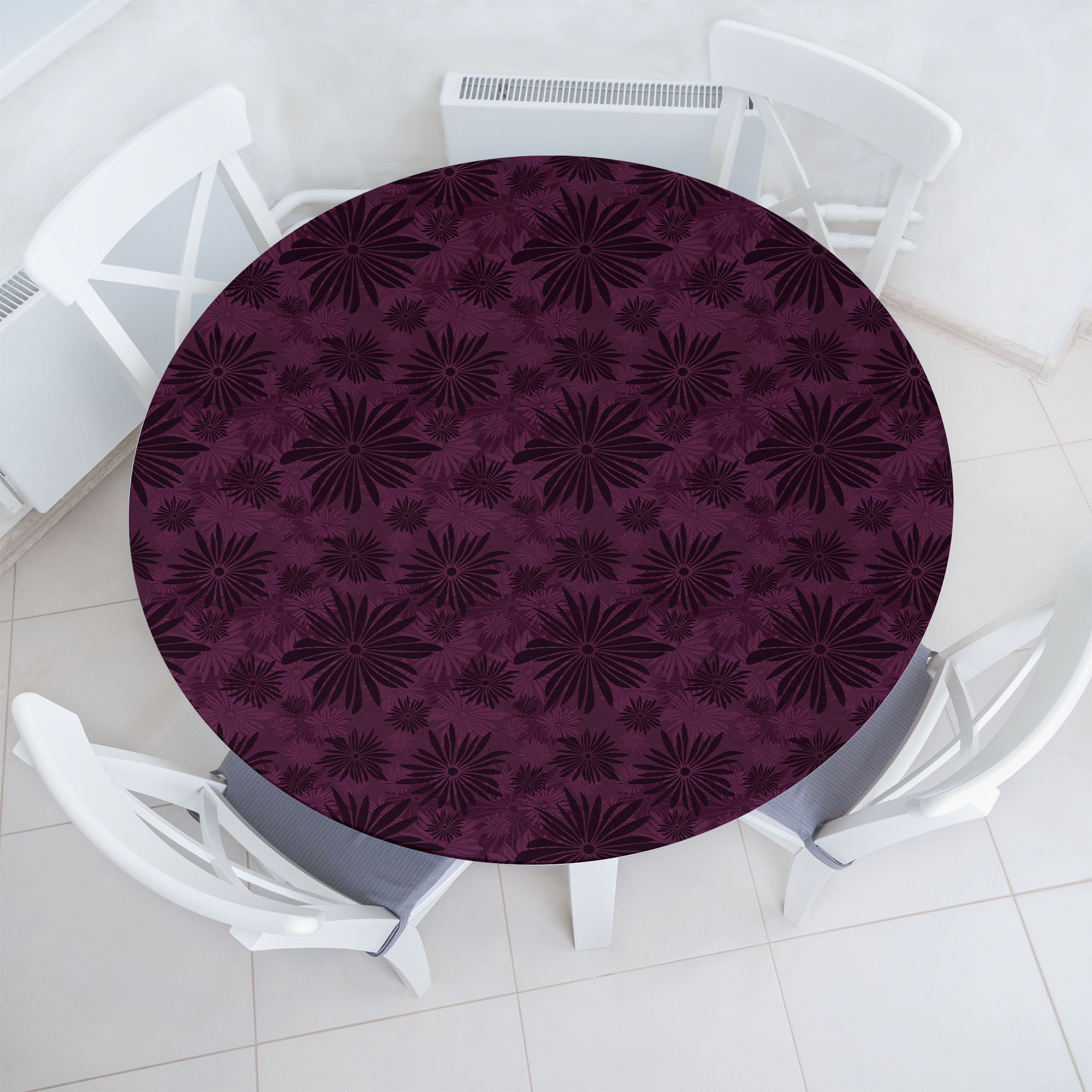 Winston Porter Botanical Fitted Round Tablecloth Dark Maroon Plum | Wayfair