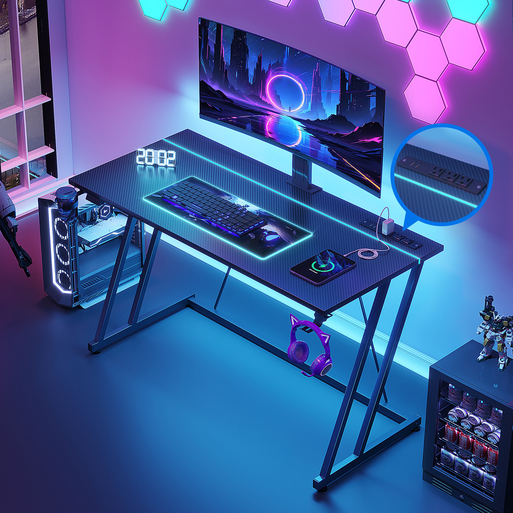 Inbox Zero Gaming Desk With Recessed Led Lights, Computer Desk With ...