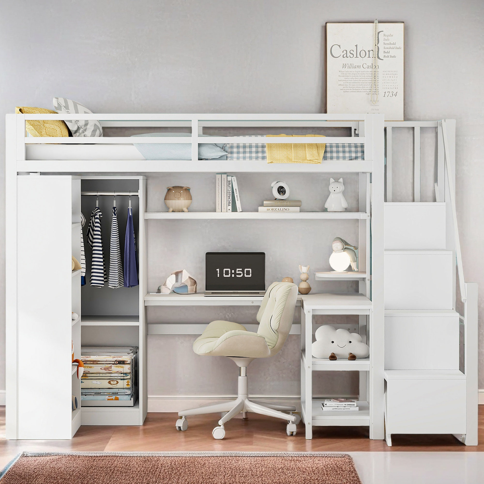 Isabelle & Max™ Metal Twin Loft Bed With Desk, USB Ports, 5-Layer Shelf ...