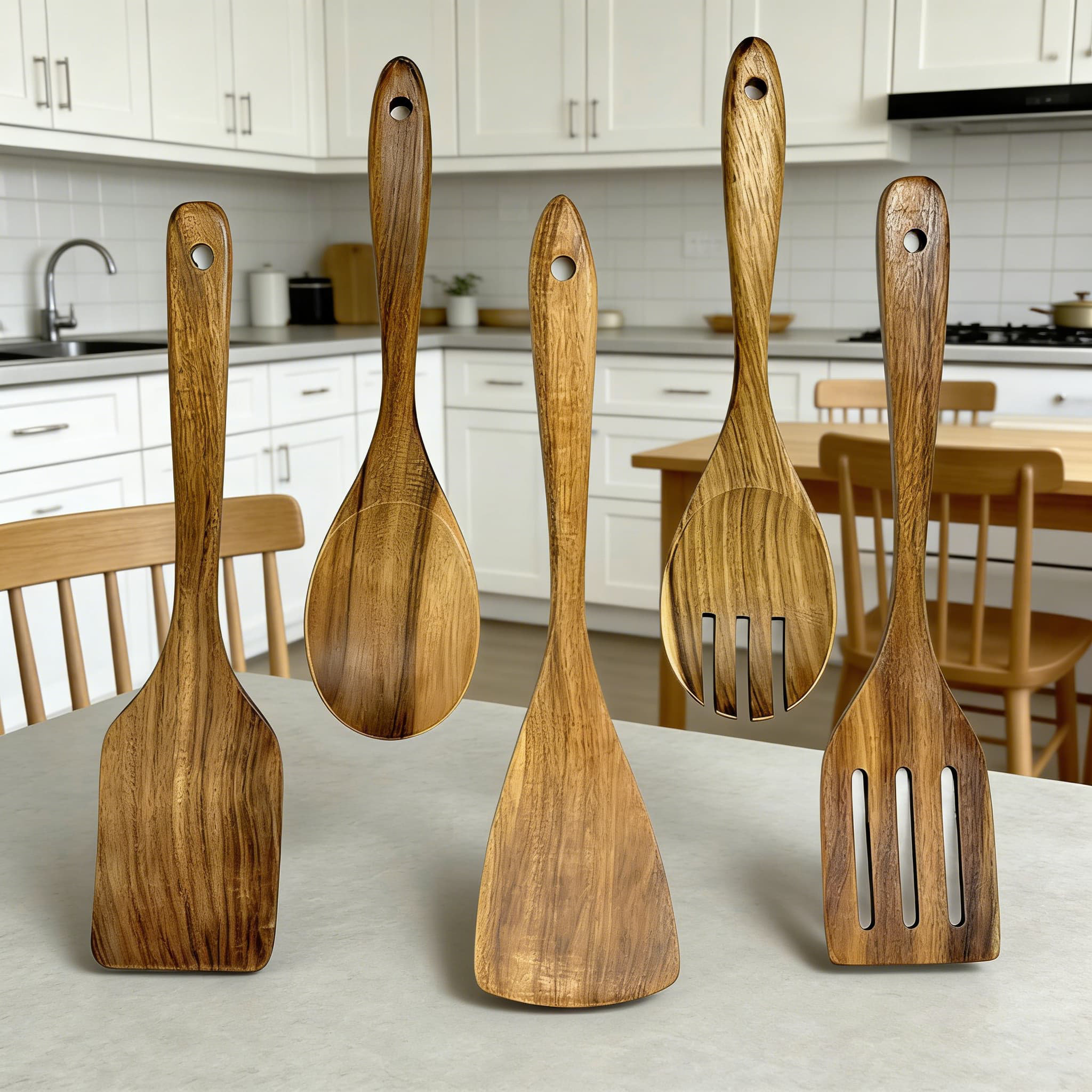 QIANXING Acacia Wood Kitchen Utensil Set, 5-Piece Non-Stick Safe ...
