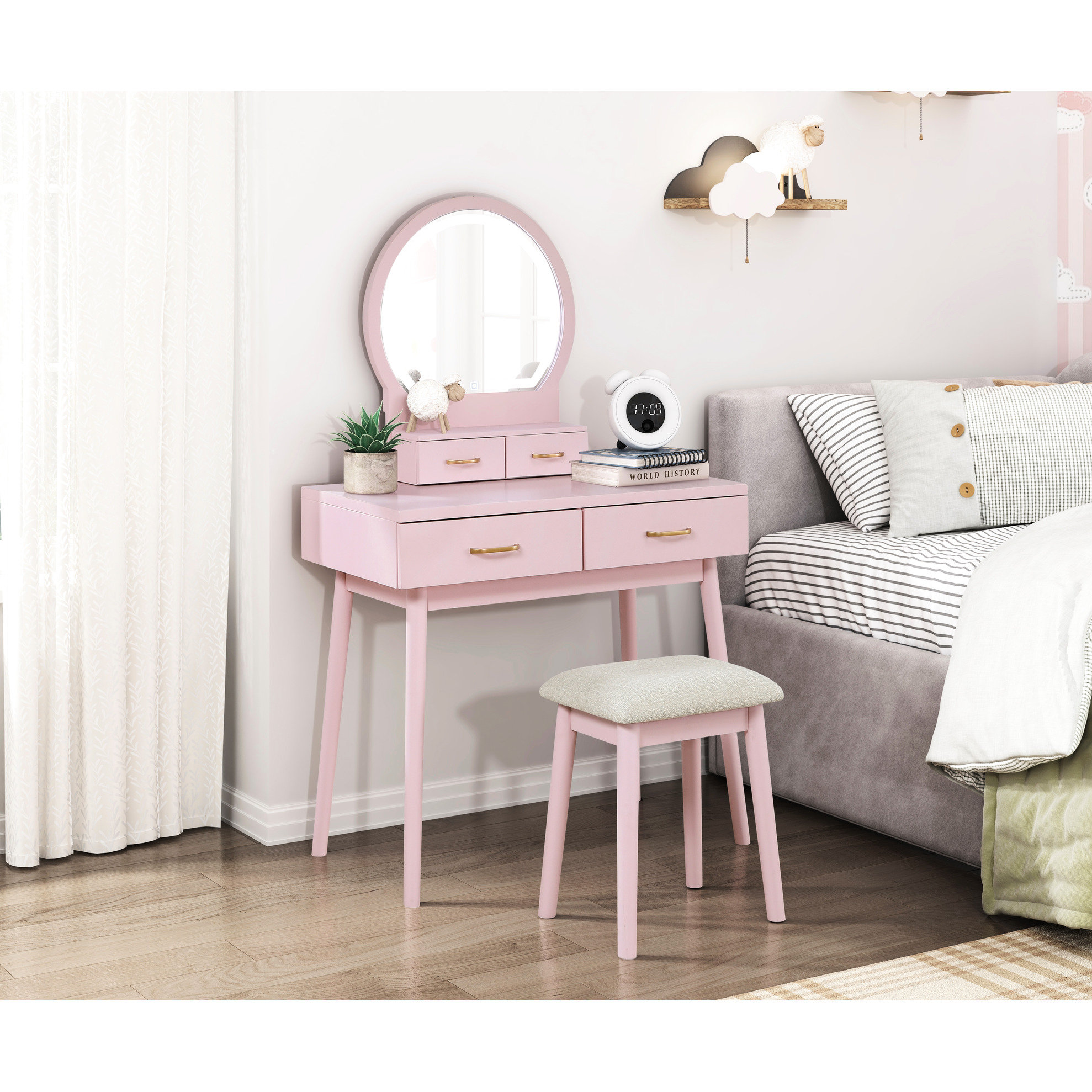 Corrigan Studio® Pink Vanity For Bedroom With Mirror, Stool & Organized ...