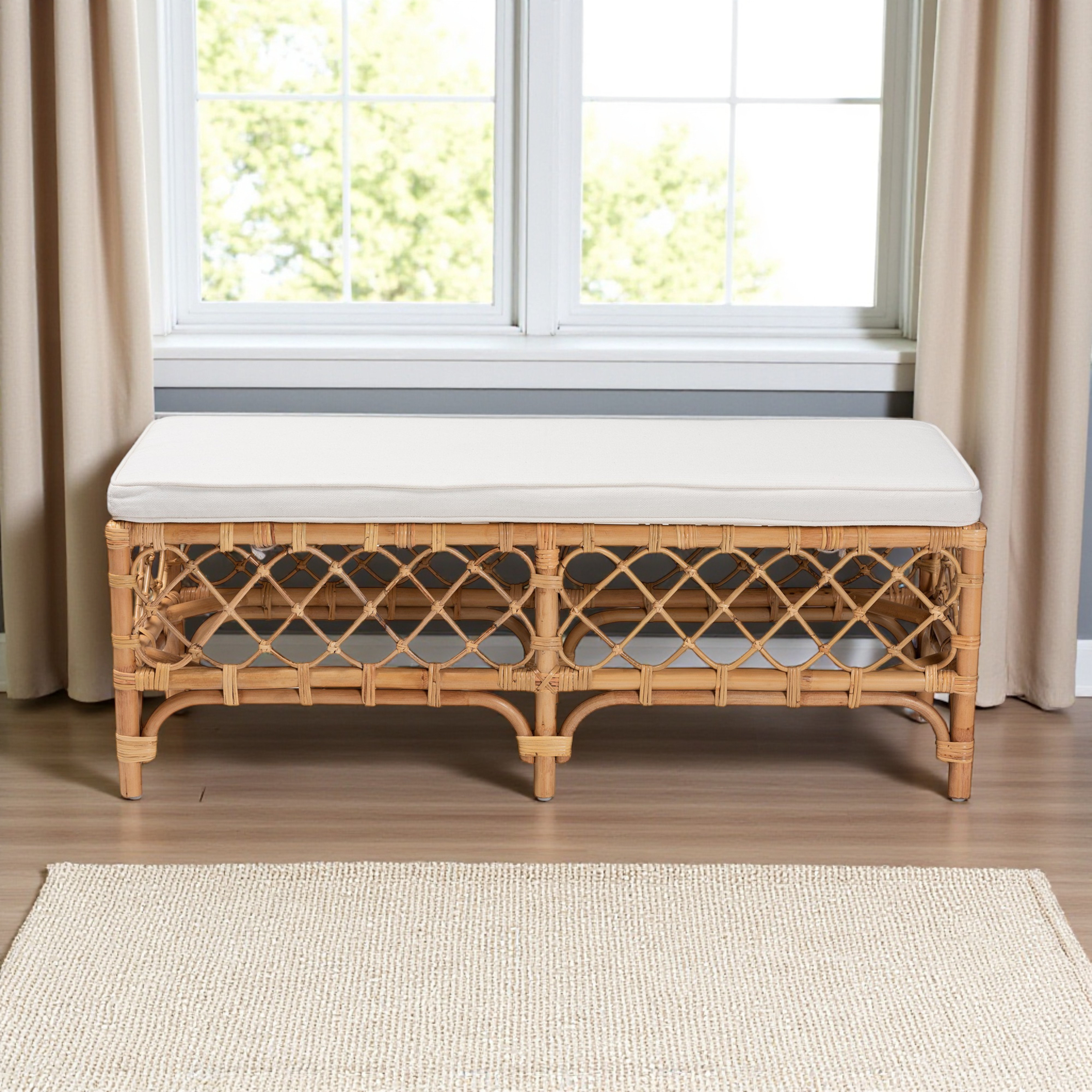Bay Isle Home™ Rivelle Bench with Natural Brown Rattan and White Fabric ...