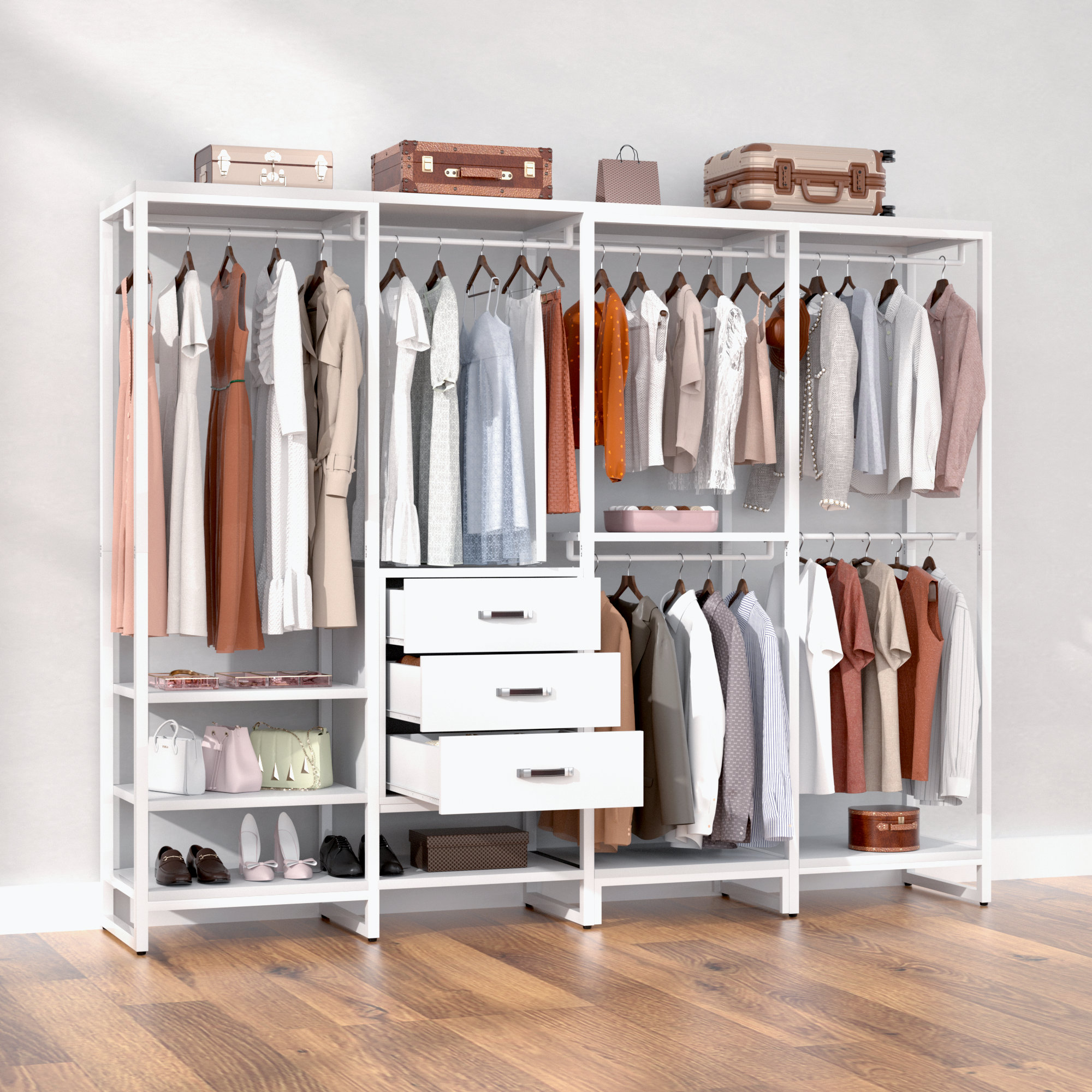 17 Stories Piera 58'' - 74'' W Wood Clothes Rack Wardrobe Closet ...