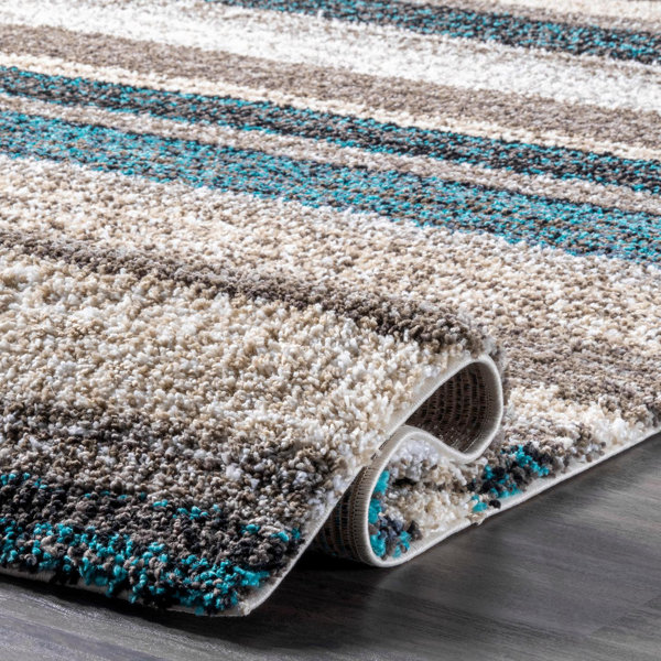 Langley Street City Striped Shag Tufted Performance Brown/Teal/Blue Rug ...