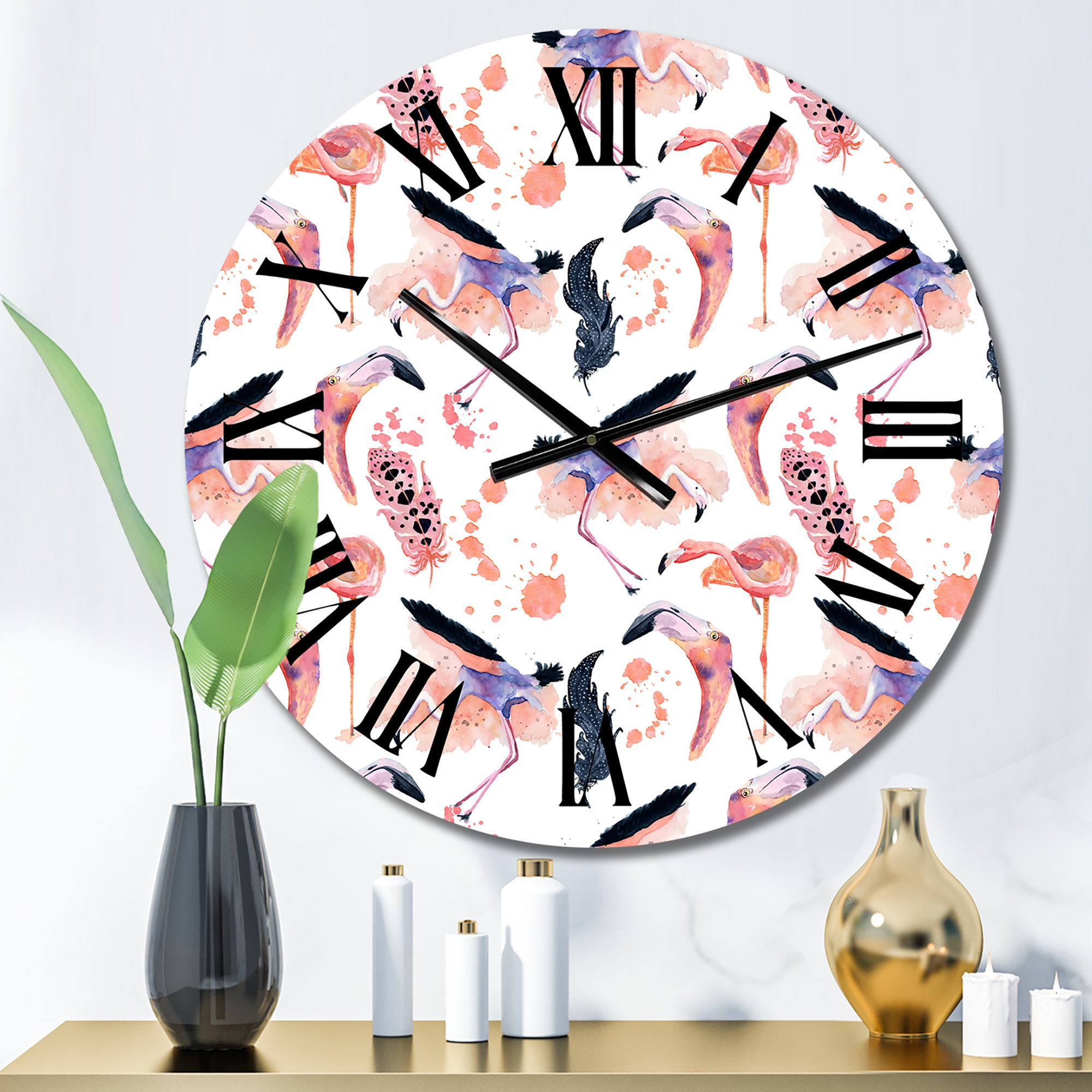 East Urban Home Pink Flamingo on White I - Patterned Wall Clock | Wayfair