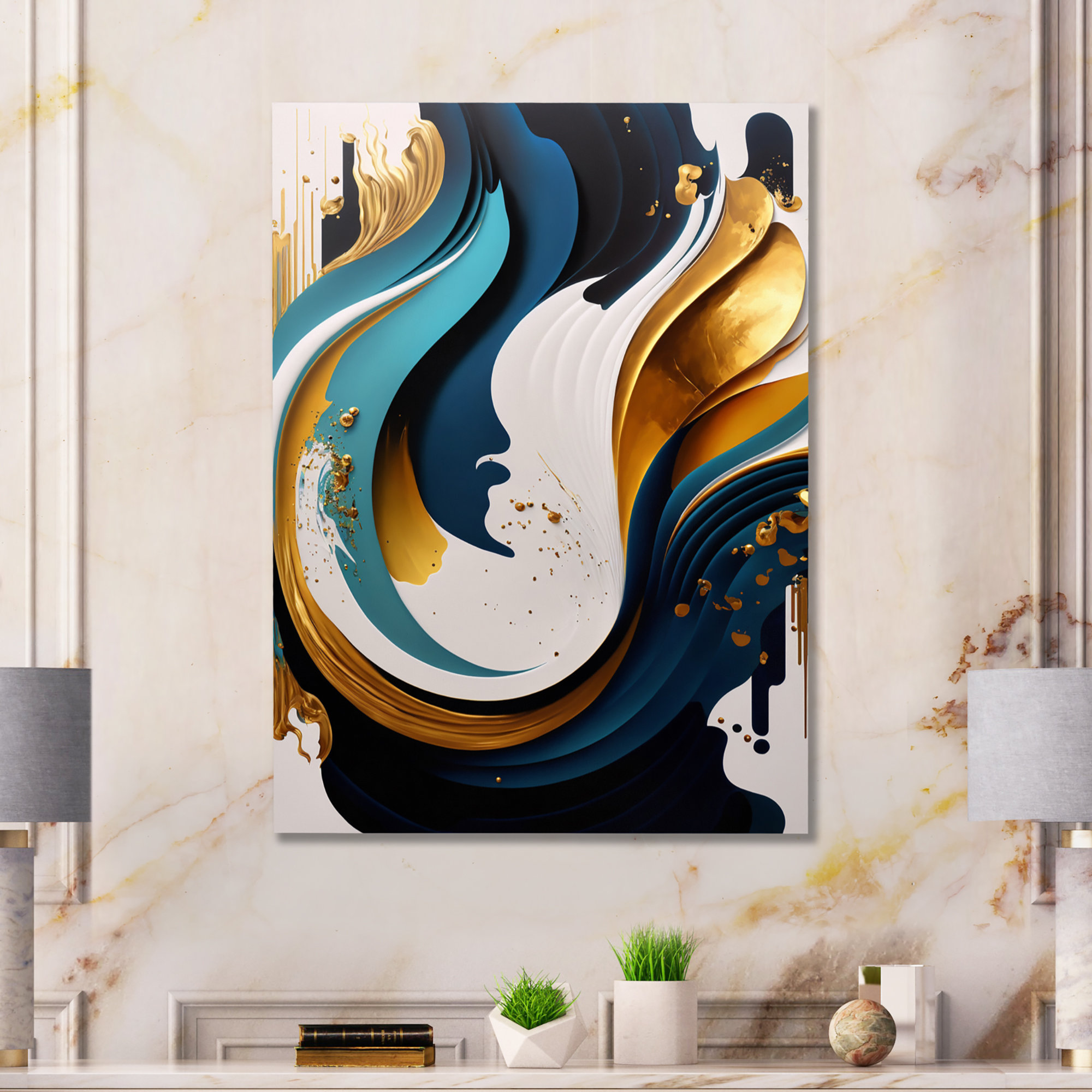 Ivy Bronx Blue And Gold Modern Art Abstract Painting II - Modern Metal ...