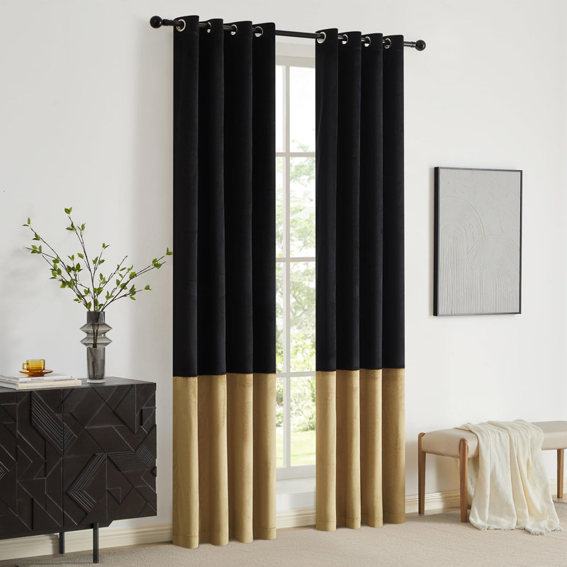 Everly Quinn Black Gold Color Block Window Curtains Panels 84 Inches ...