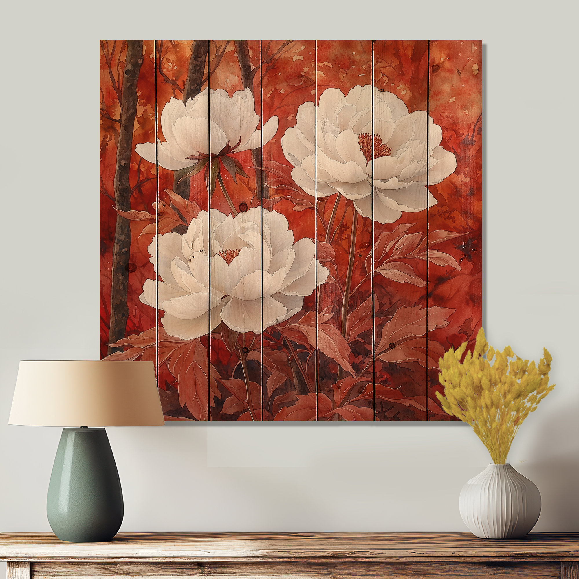 Ophelia & Co. Peonies And The Red Maple Tree - Peonies Wood Wall Decor - On Natural Pine Wood ...