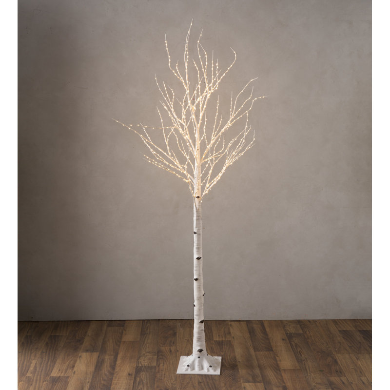 Primrue 84'' Artificial LED Birch Tree in Metal Stand with White Lights ...