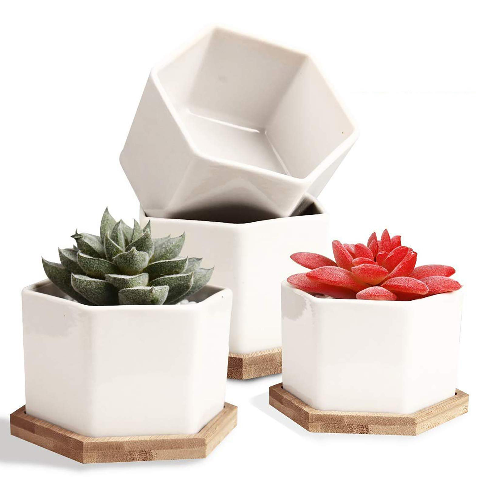 Ebern Designs Set Of 4 Classic White Ceramic Hexagonal Plant Pots With ...