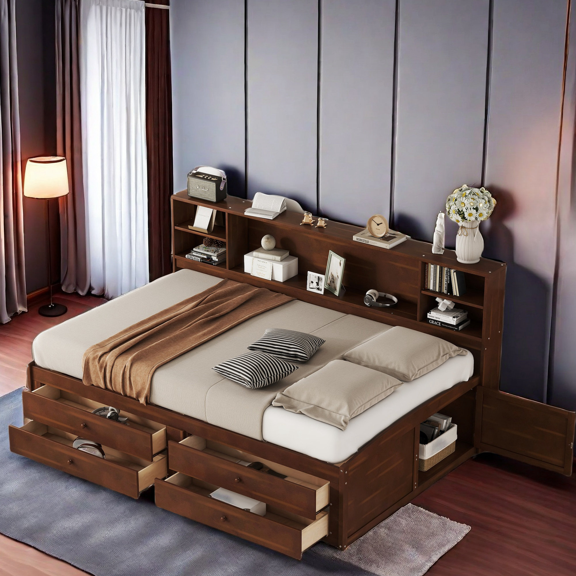 Red Barrel Studio® Zoba Rero Bed with Side Shelves, Two Cabinets and ...