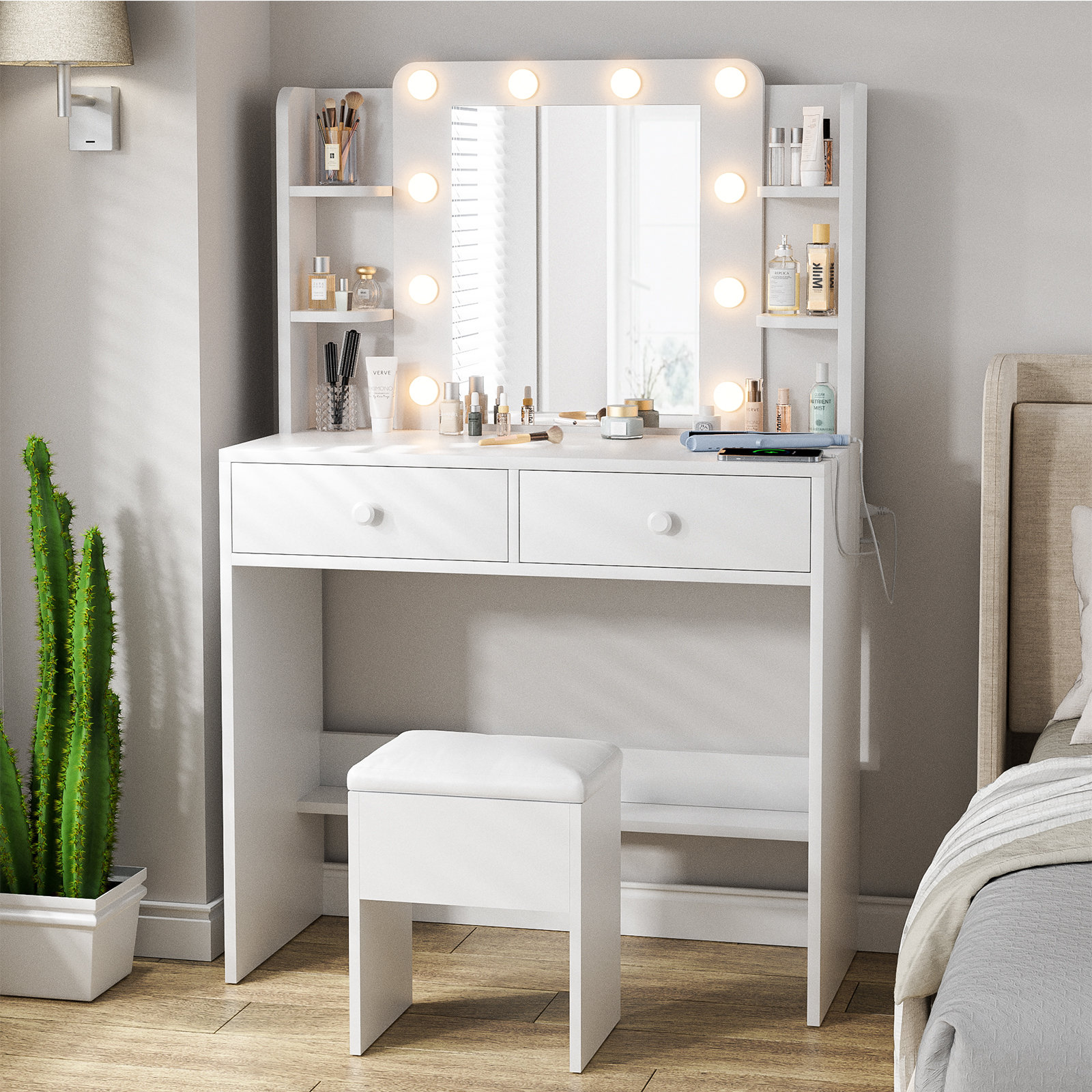 Ebern Designs White Vanity Desk with Lighted Mirror, Power Outlets and ...