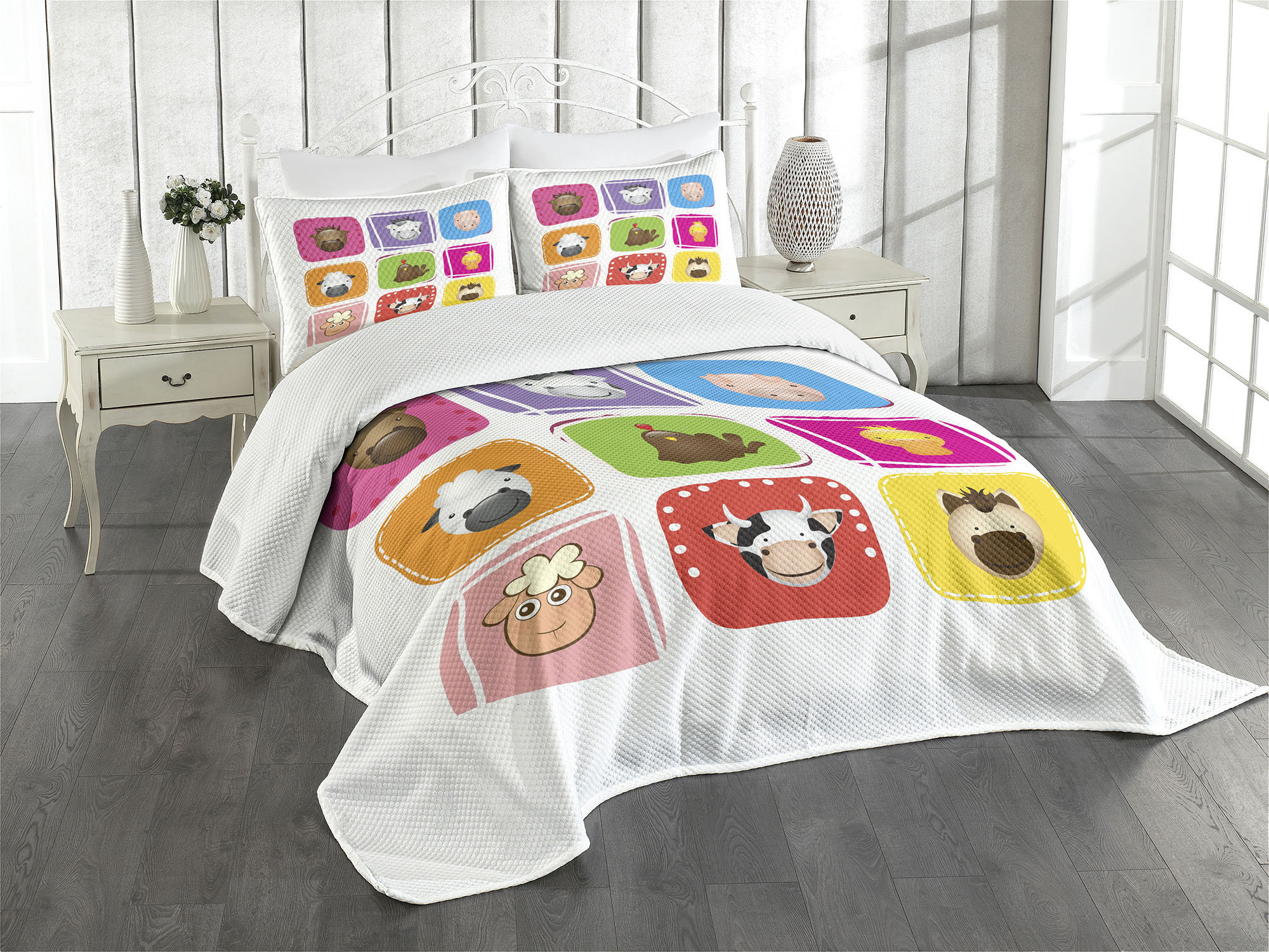 Ambesonne Cartoon Bedspread Set Geometric Squares Faces Emerald Grey ...