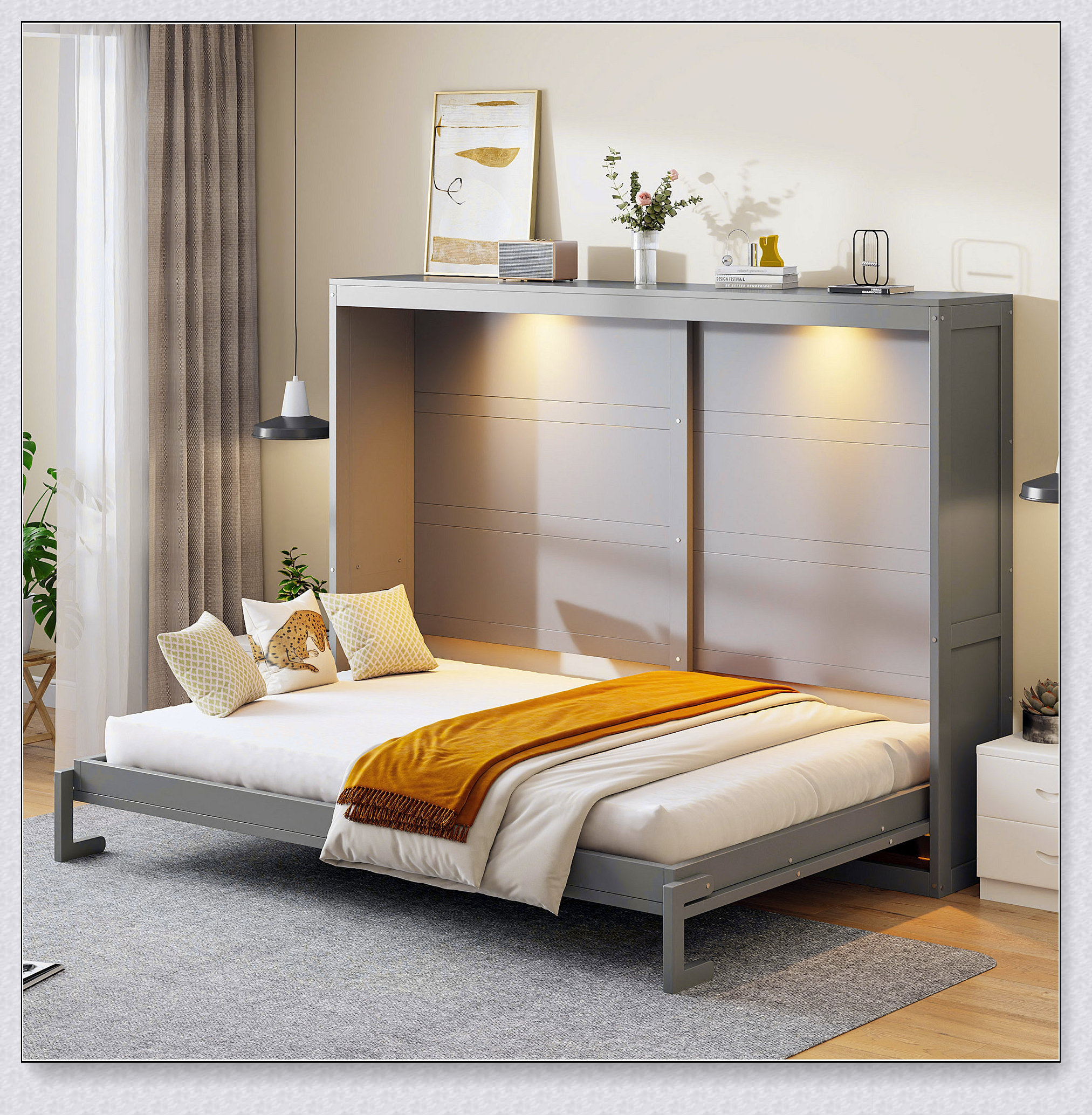 Hokku Designs Queen Size Murphy Bed Wall Bed Modern Design With LED Lights | Wayfair