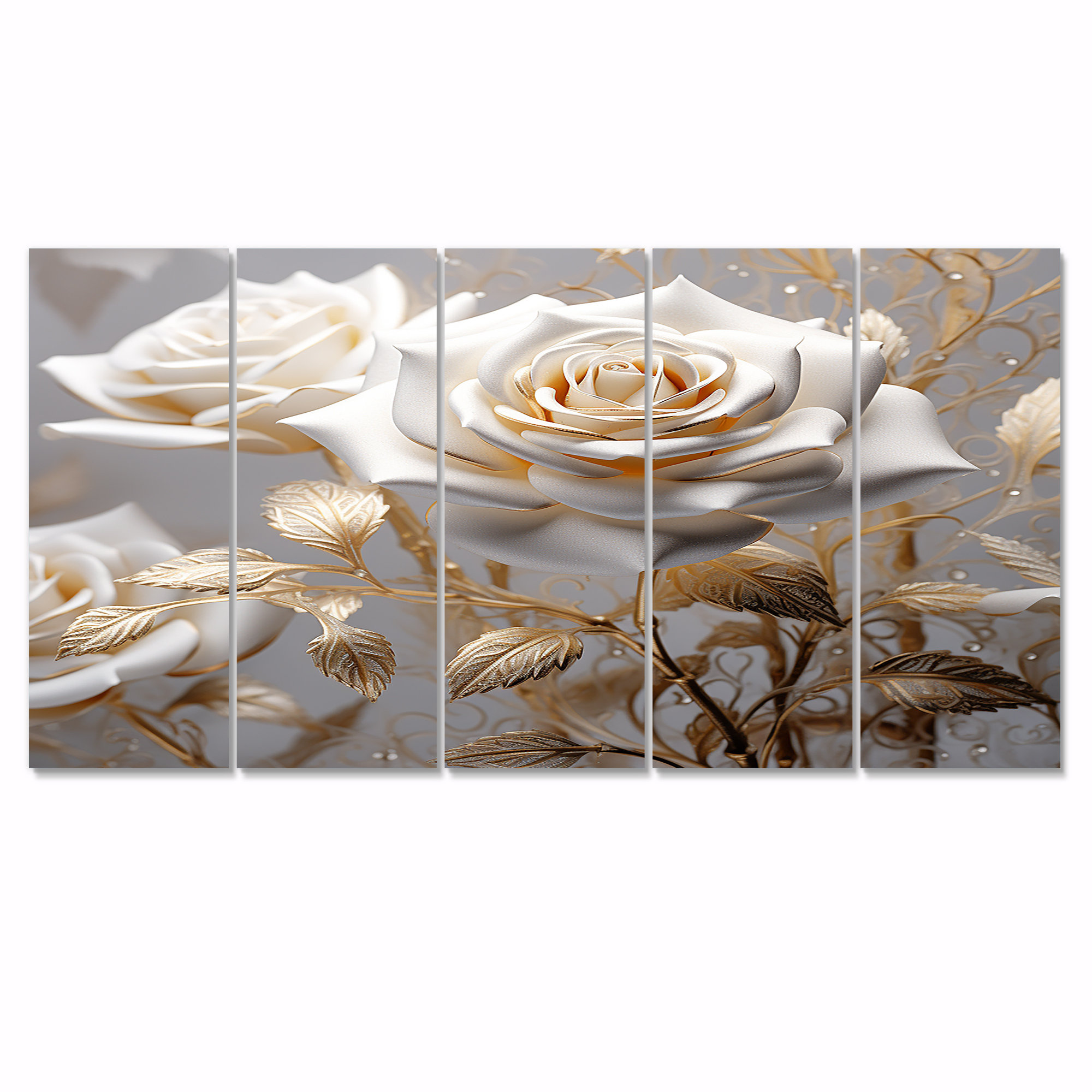 House of Hampton® White Rose Golden Leaves On Gray II - Roses Wall Art ...