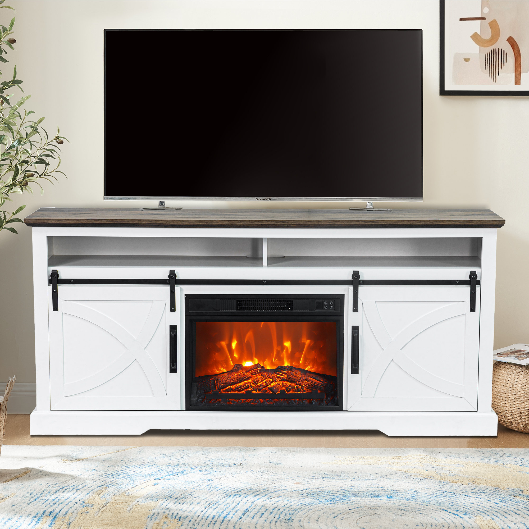Gracie Oaks 68" TV Stand With Electric Fireplace, Modern Entertainment ...