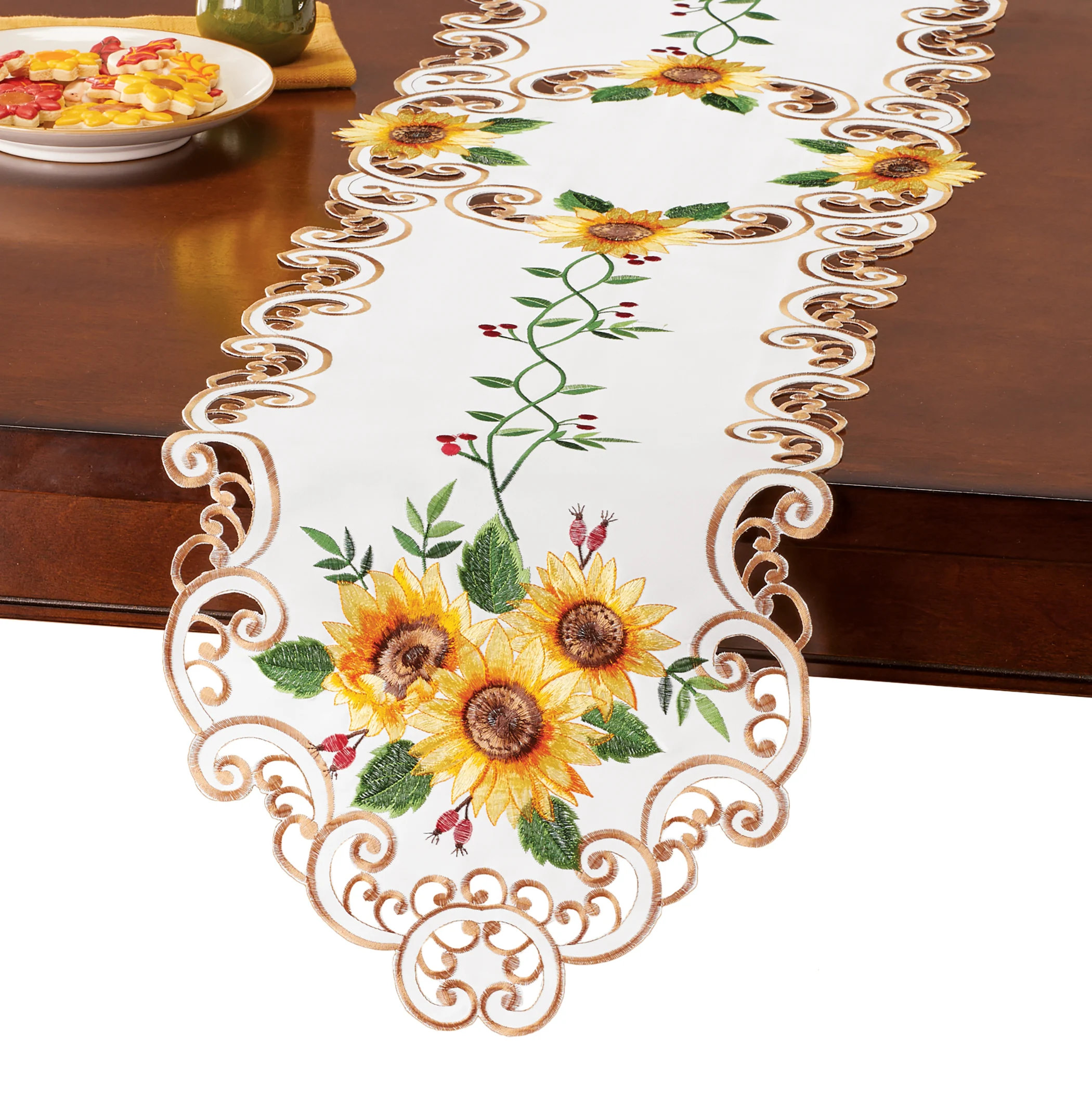 The Holiday Aisle® Embroidered Sunflower Berries Scalloped Edge Table ...