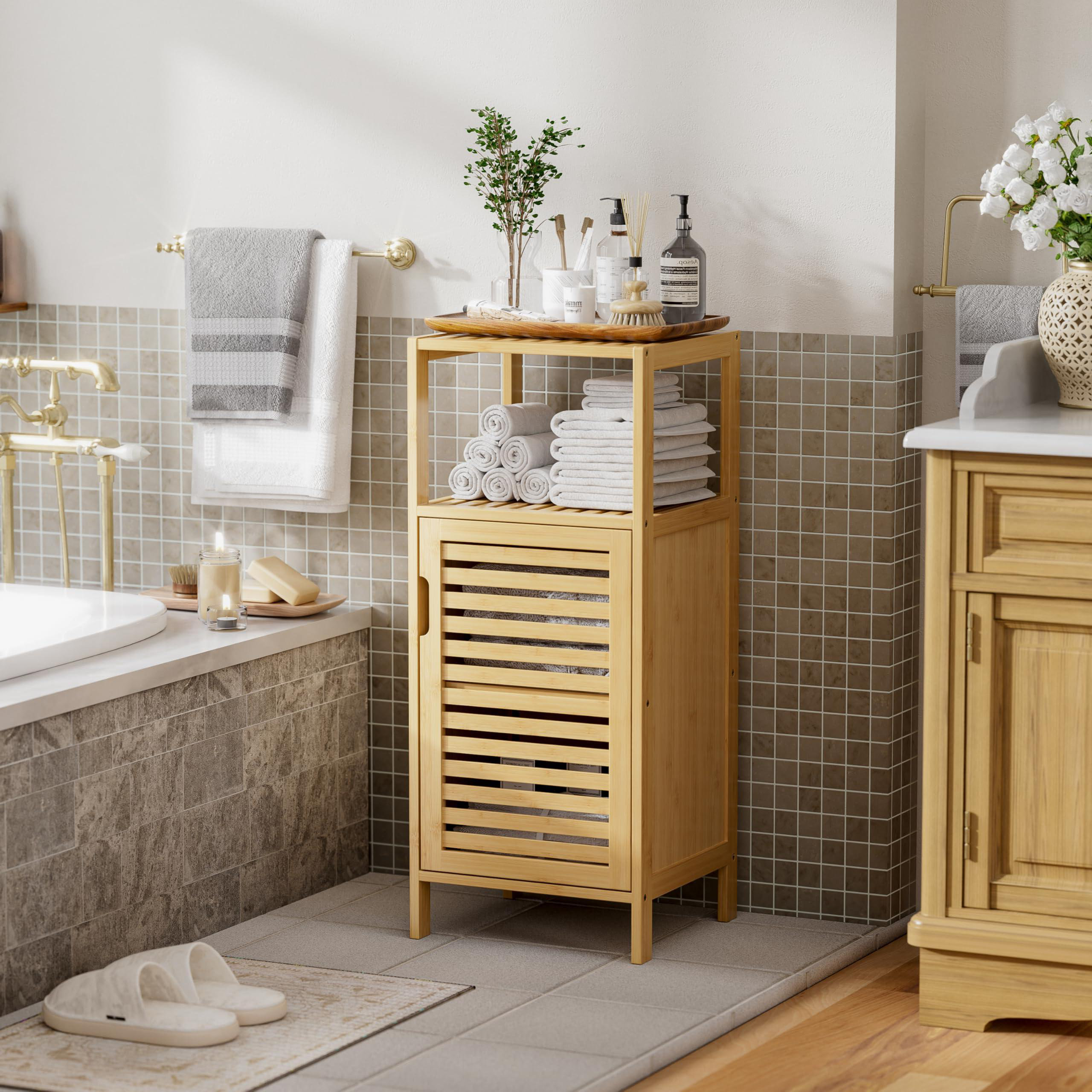 Latitude Run® Freestanding Bamboo Bathroom Cabinet, Compact floor ...