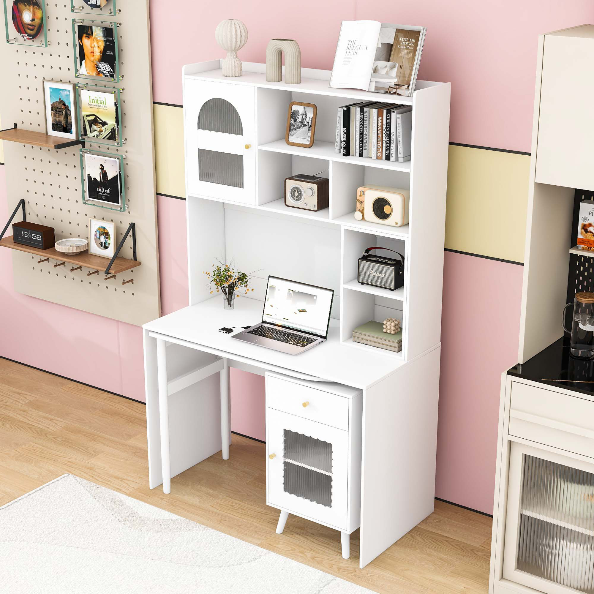 Latitude Run® Computer Desk with Storage Drawer, Cabinets and Shelves ...