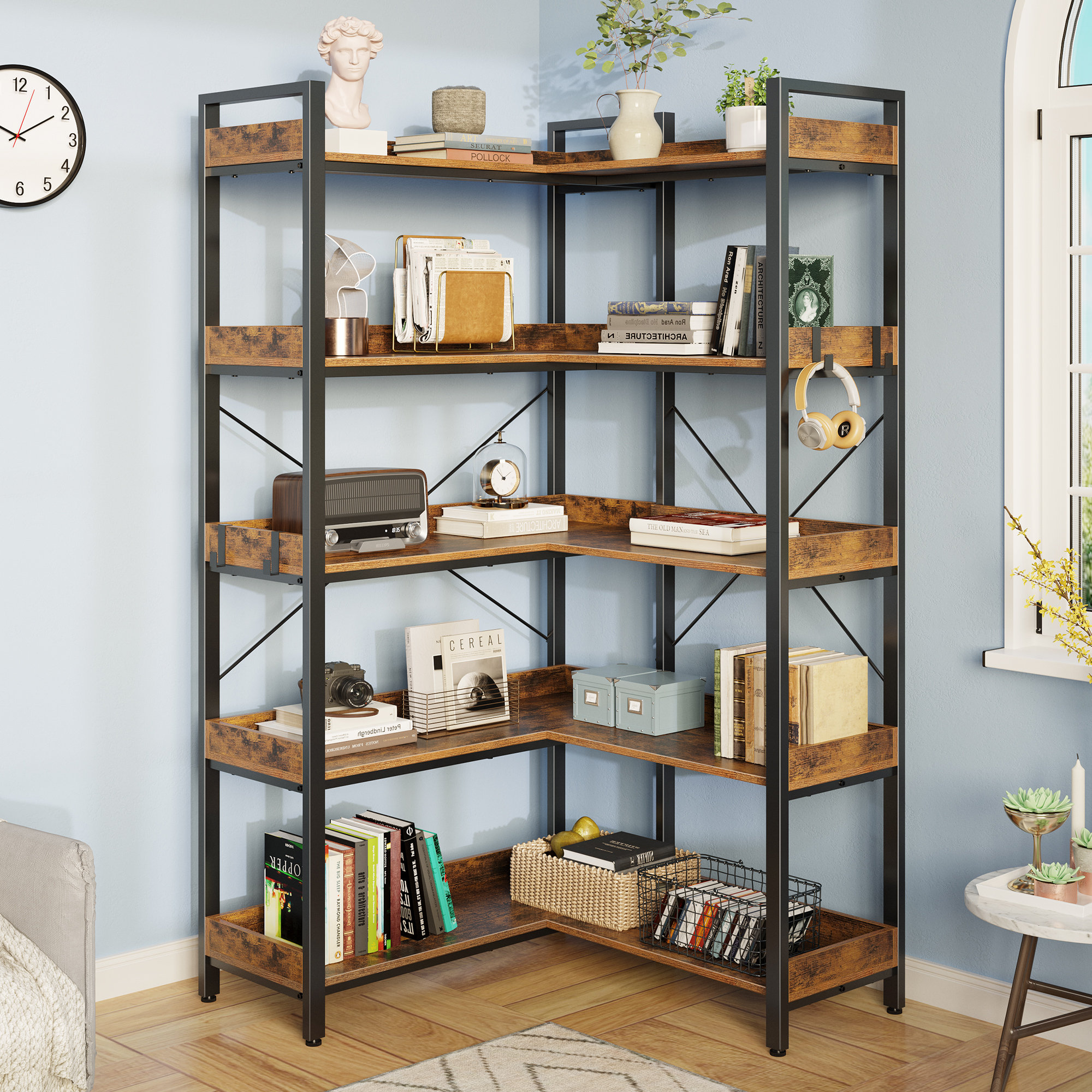 Ebern Designs Awbree Bookshelf 5 Tier, Reversible Wood Corner Bookcase ...