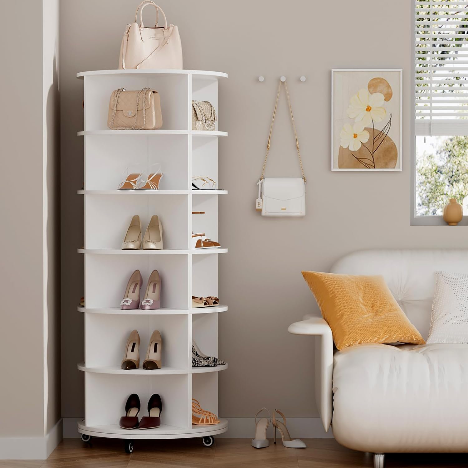 Latitude Run® Rotating Shoe Rack Tower, 6 Tier Wooden Shoe Storage, 360 ...