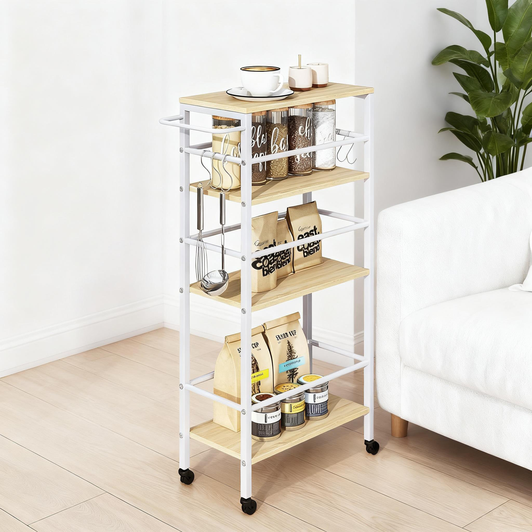Latitude Run® Slim 4-Tier Rolling Cart With Wooden Tabletop, Narrow ...